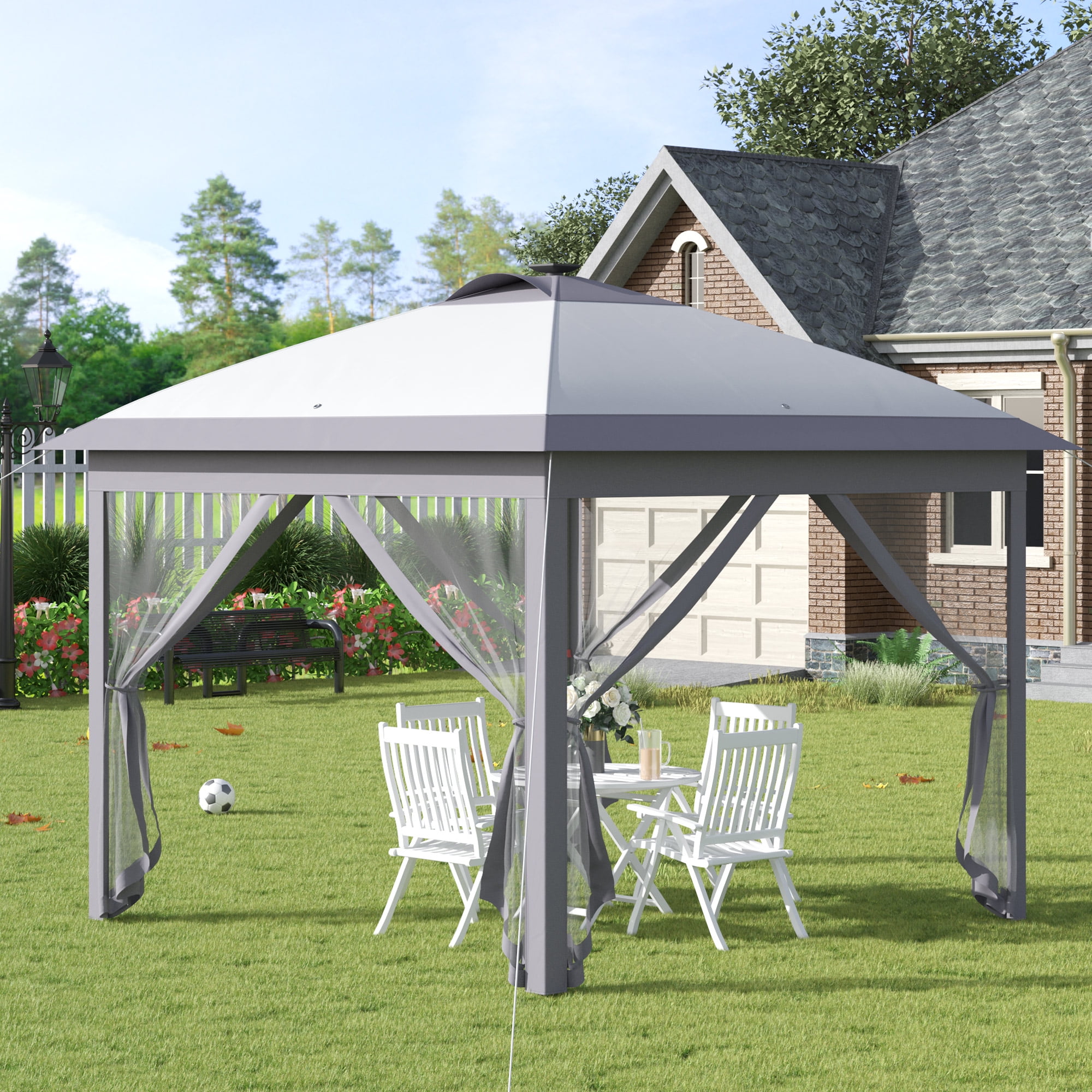 Outsunny 11'x11' Outdoor Pop Up Gazebo with Solar LED Light, Remote ...
