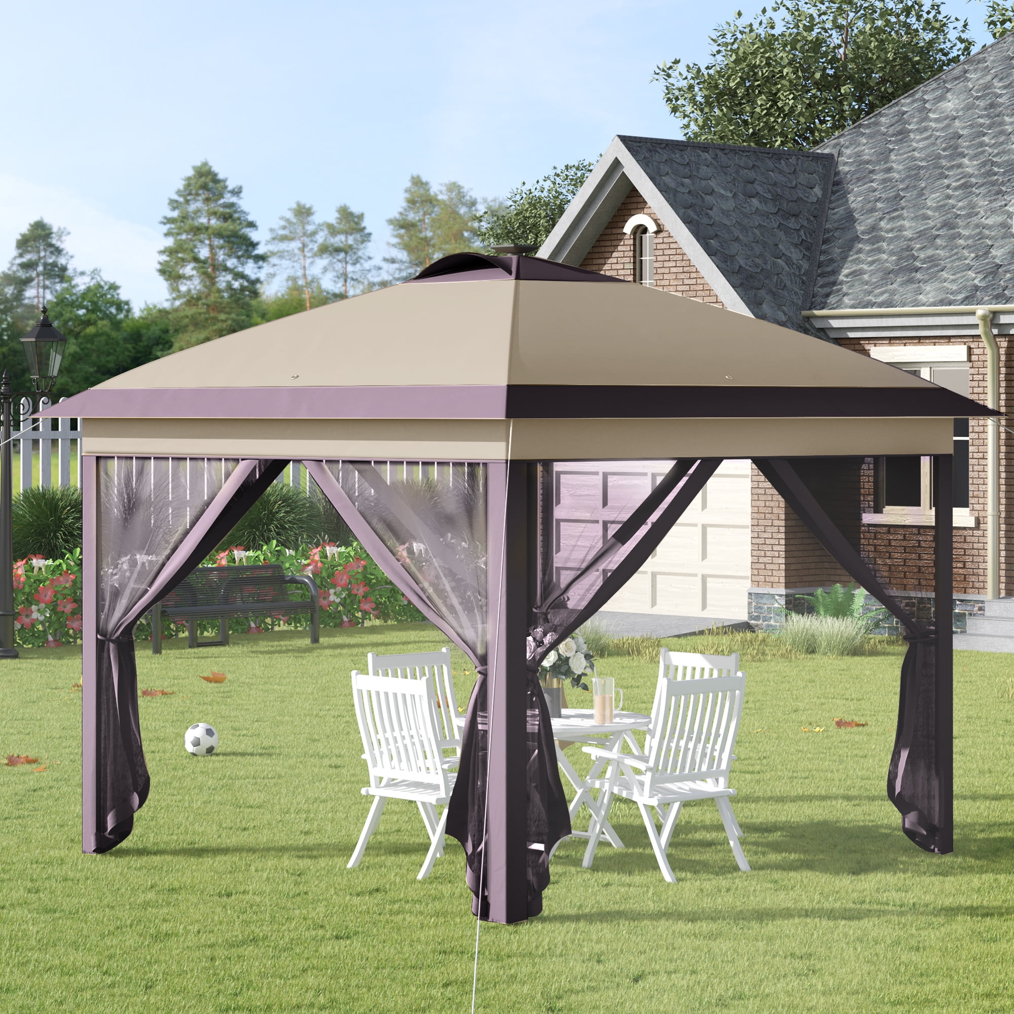 Outsunny 11' Gazebo: Pop Up, Solar LED Light, Remote Control, Backyard ...