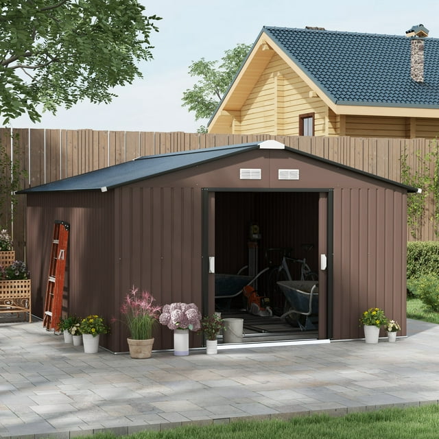 Outsunny 11' x 13' Storage Shed Garden Tool House w/ Vents Doors Brown ...