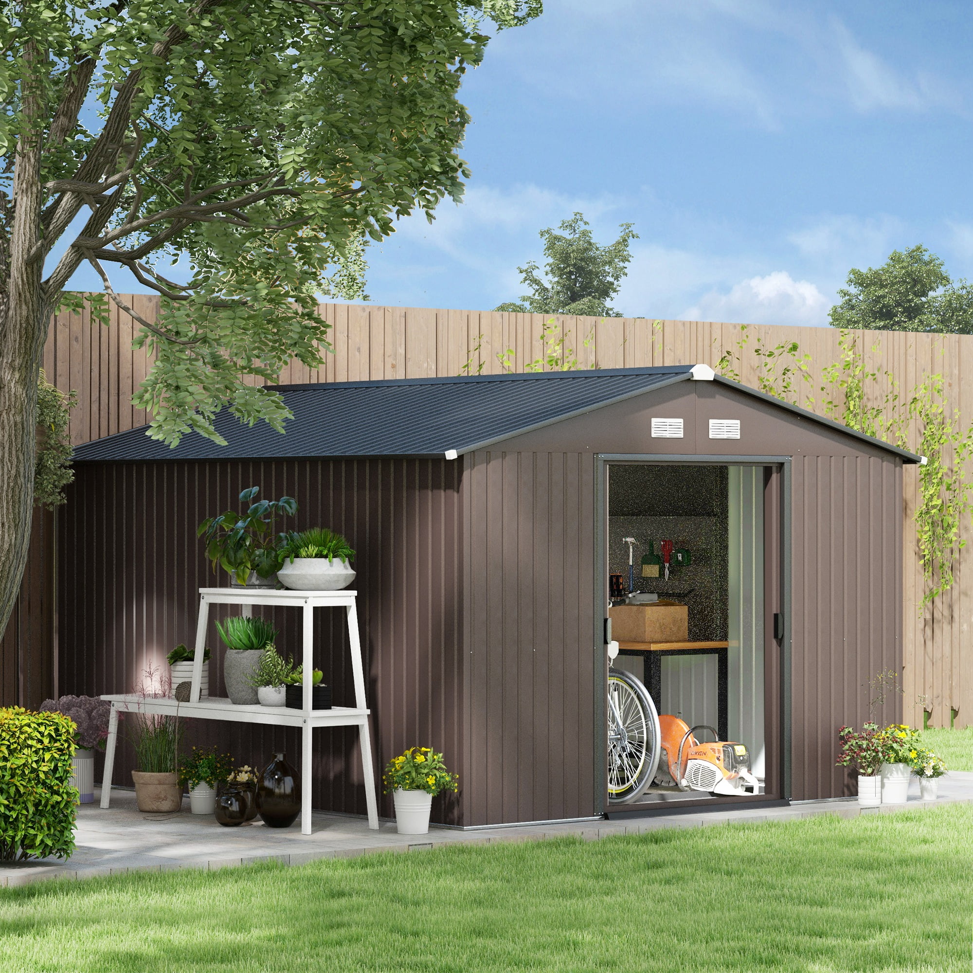 Outsunny Outdoor Metal Storage Shed, 11ft x 9ft, Enclosed, 2 Doors ...