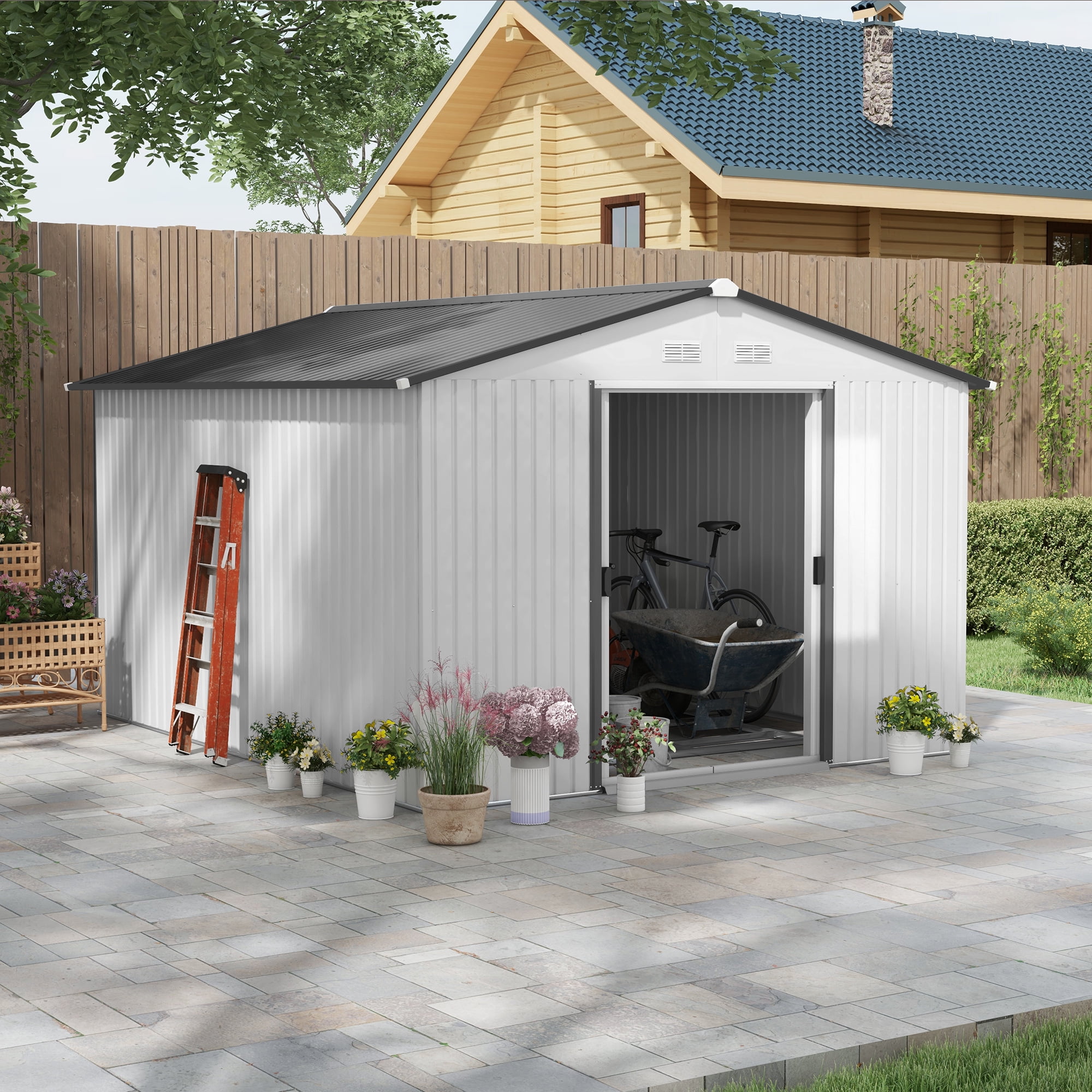 Outsunny Outdoor Metal Storage Shed, 11ft x 9ft, 2 Doors, Silver ...