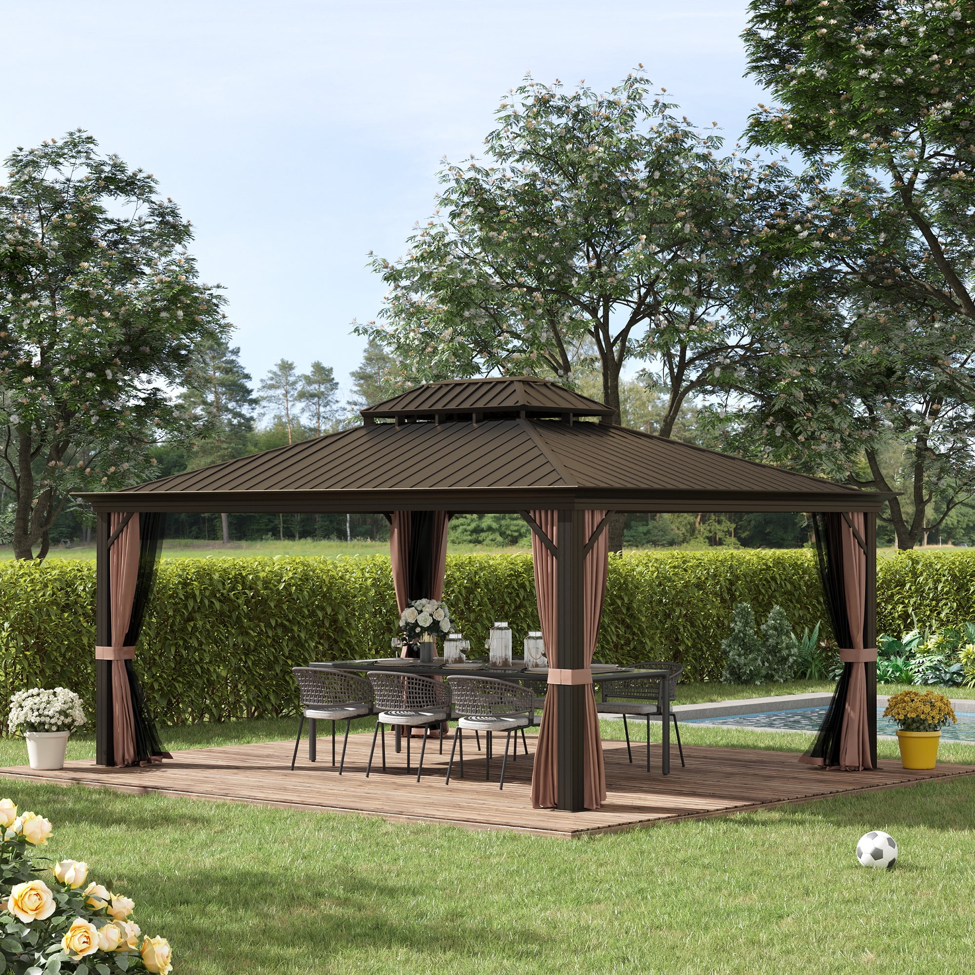 Outsunny 12x16 Brown Hardtop Patio Gazebo with Netting Curtains ...