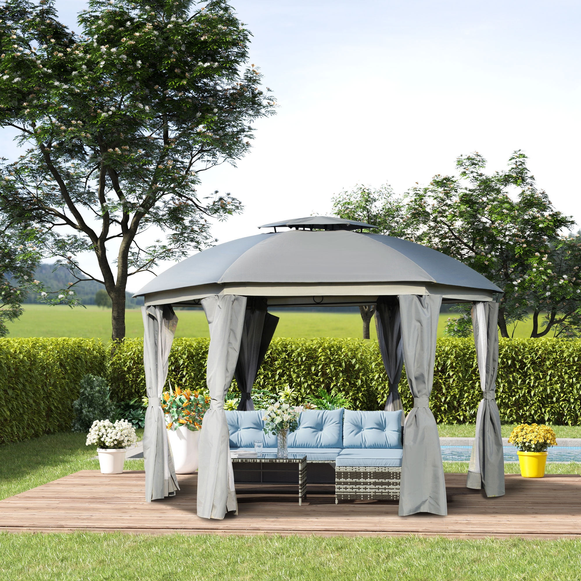 Outsunny 12' x 12' Outdoor Patio Dome Gazebo with Double Roof, Netting ...