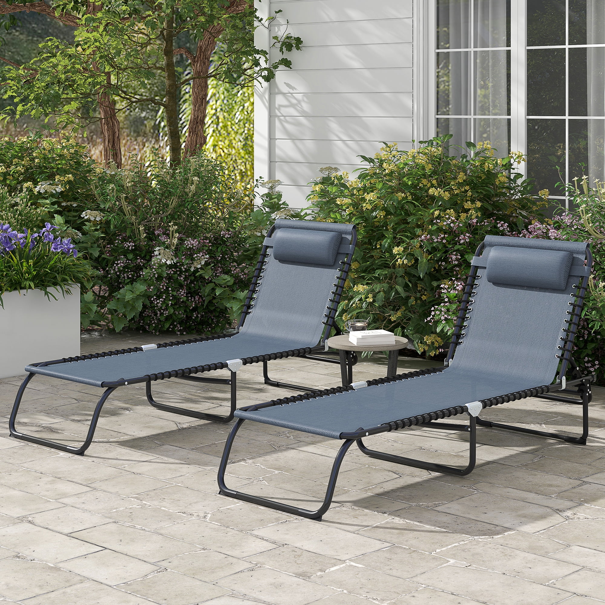Outsunny Gray Folding Pool Lounge Chairs with 4-Position Reclining Back ...