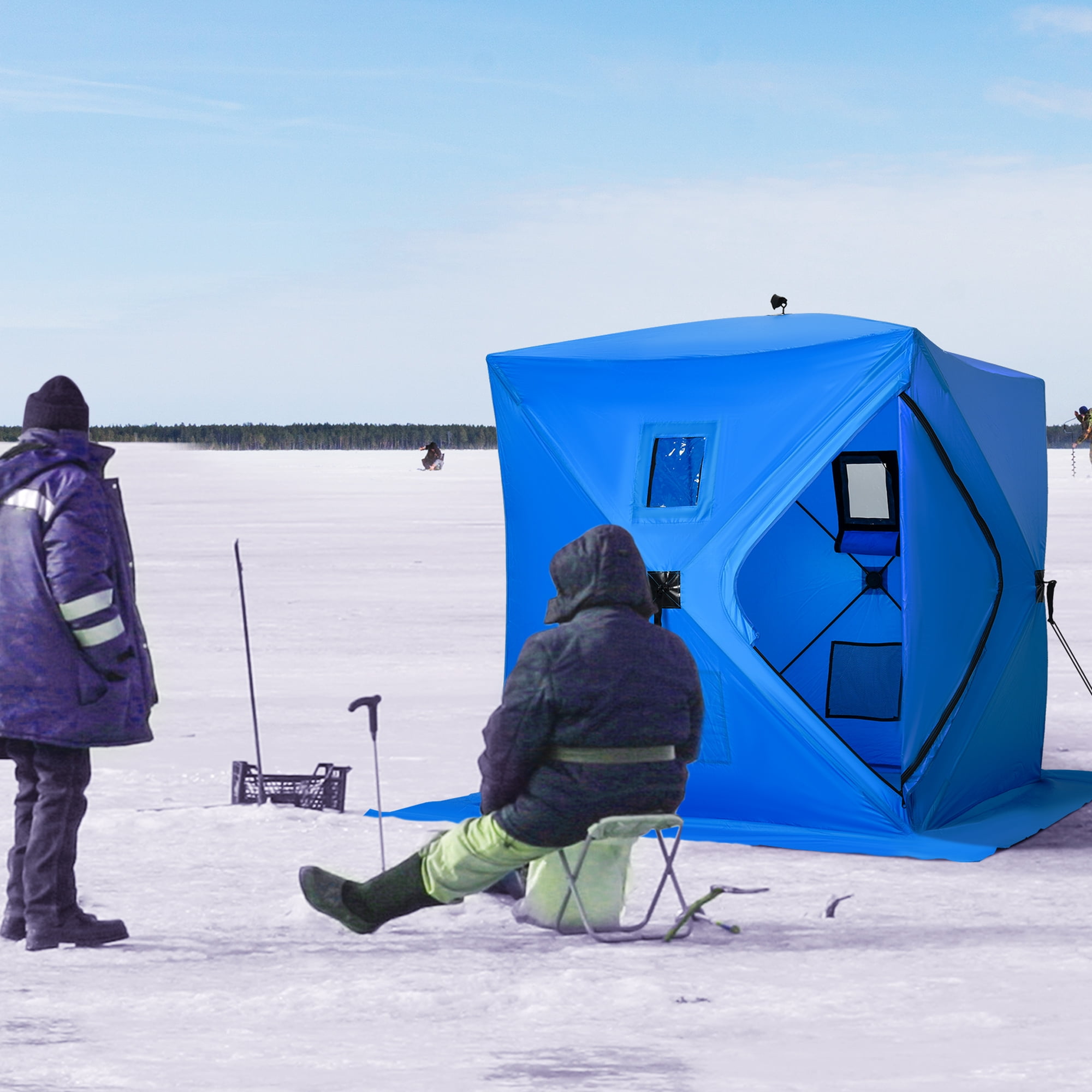 Outsunny 2 Man Pop Up Ice Fishing Tent, Windows, Door, Blue - Walmart ...