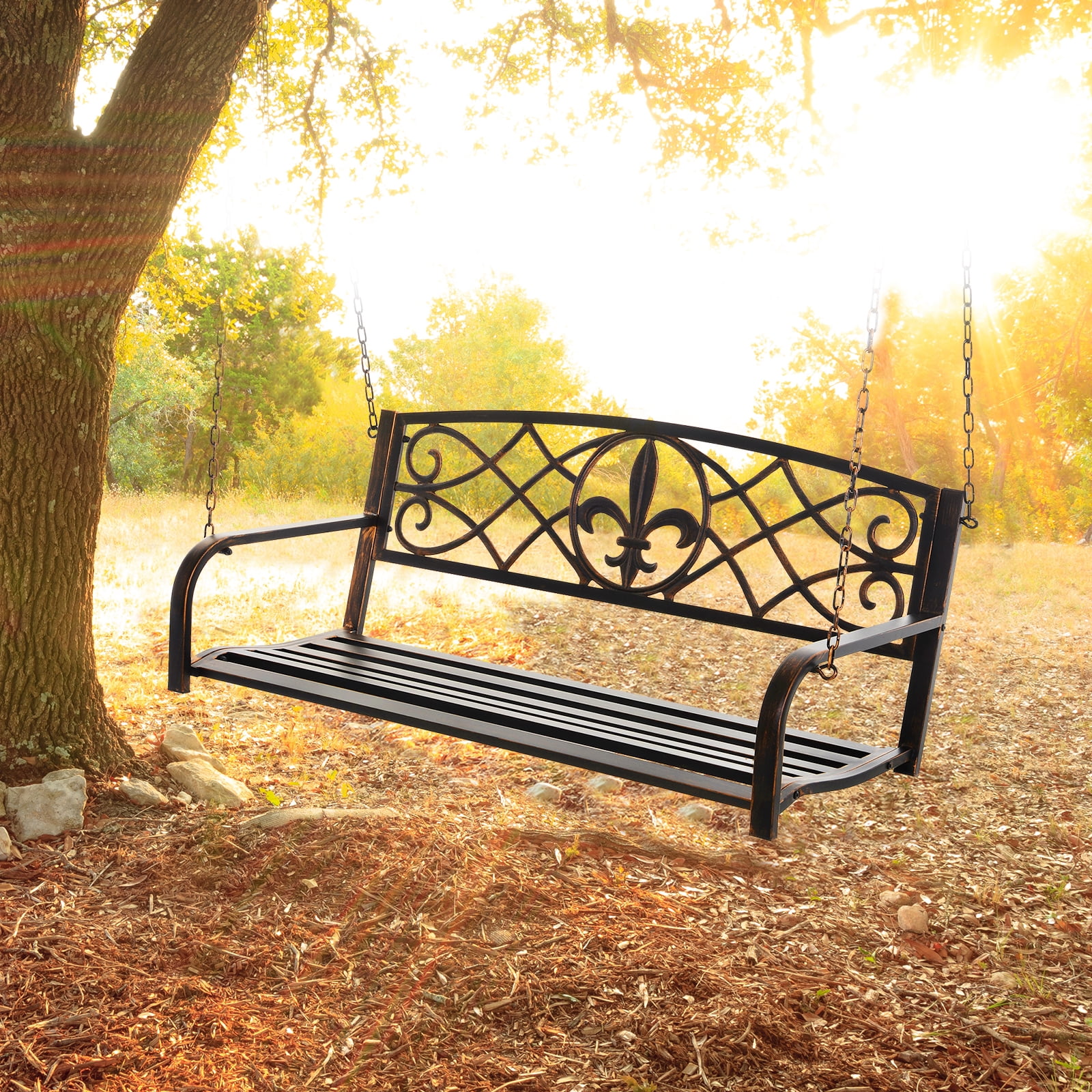 Outsunny Metal 2-Person Porch Swing, Outdoor Swing Bench with Fleur-de ...