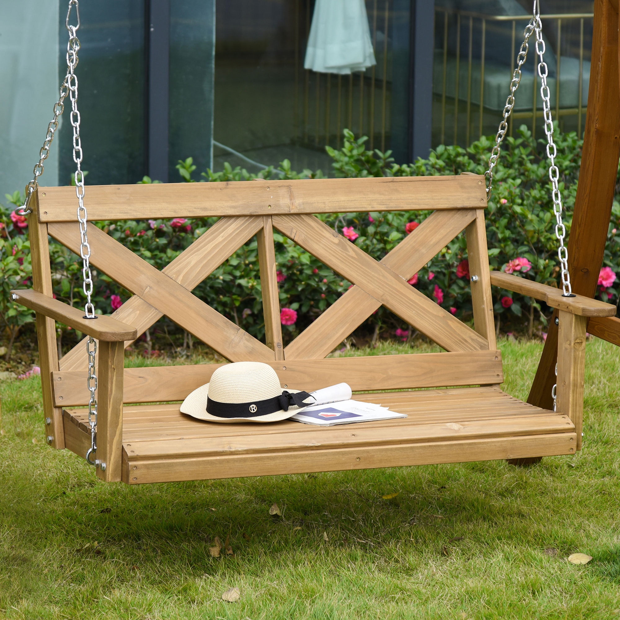 Outsunny 2-Person Patio Swing Bench, Pine Wood Frame, Hanging Garden ...