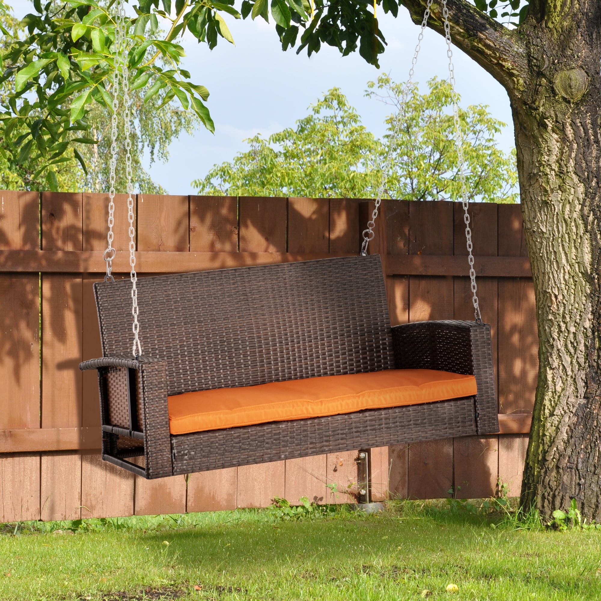 Outsunny 2 Person Wicker Hanging Swing Bench, Front Porch Swing Outdoor ...