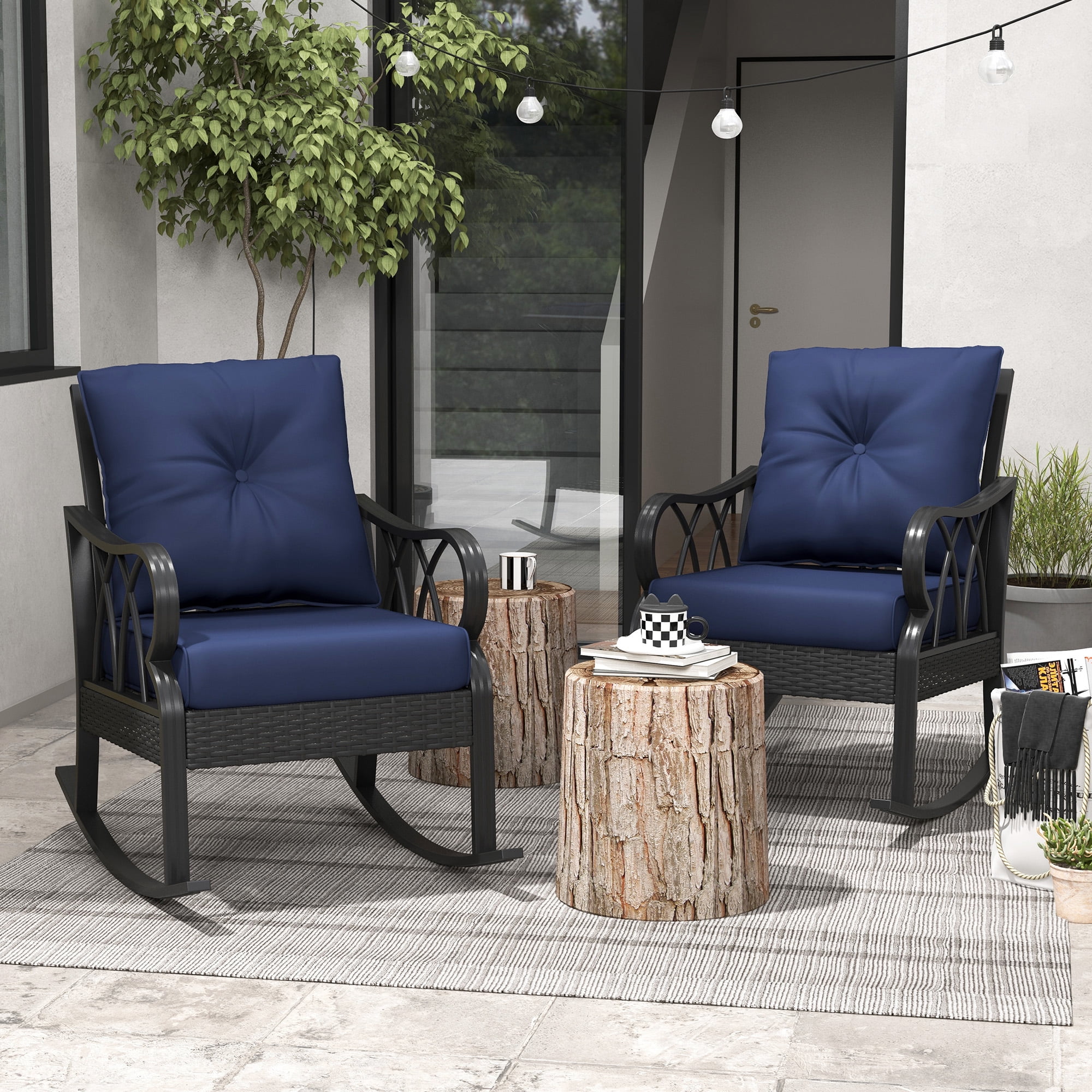 Outsunny 2 Piece Outdoor Wicker Rocking Chairs with Cushions, Blue ...