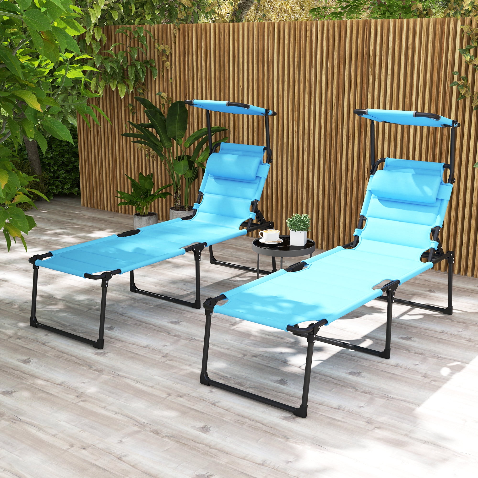 Outsunny 2 Pieces Outdoor Folding Tanning Chairs w/ Shade & Pillow ...