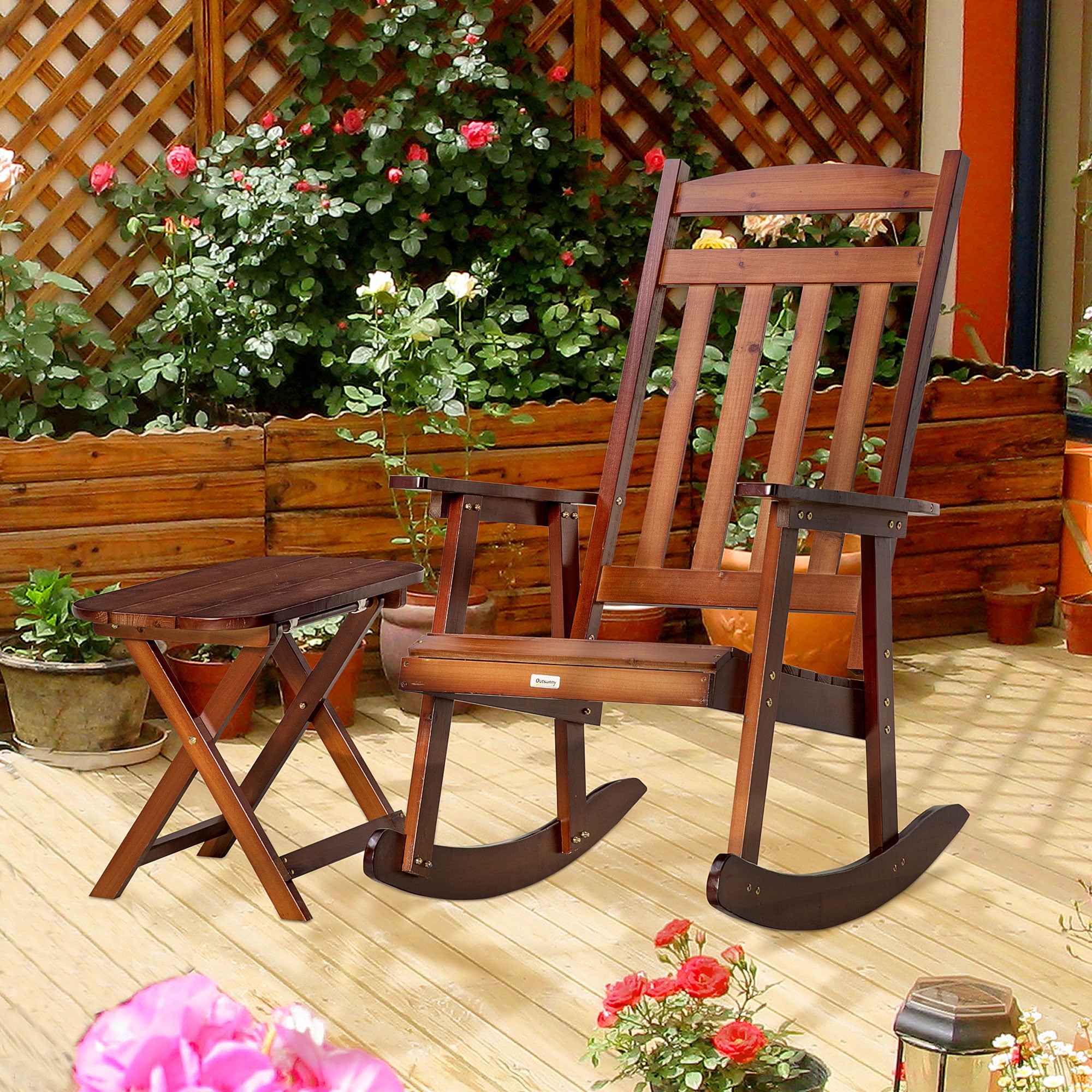 Outsunny 2 Pieces Wood Patio Bistro Set, Outdoor Rocking Chair Set with ...
