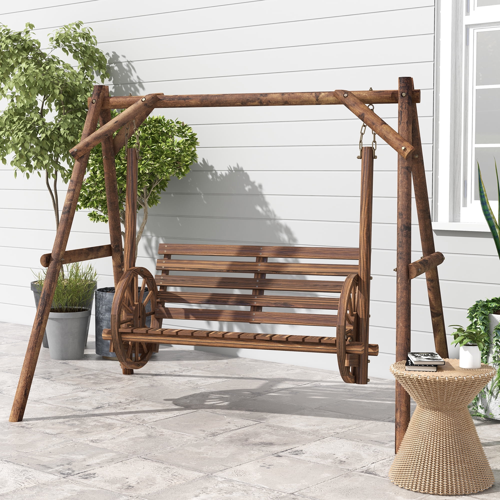Outsunny Outdoor Wooden Porch Swing with Stand, Wagon Wheel Arms, Yard ...