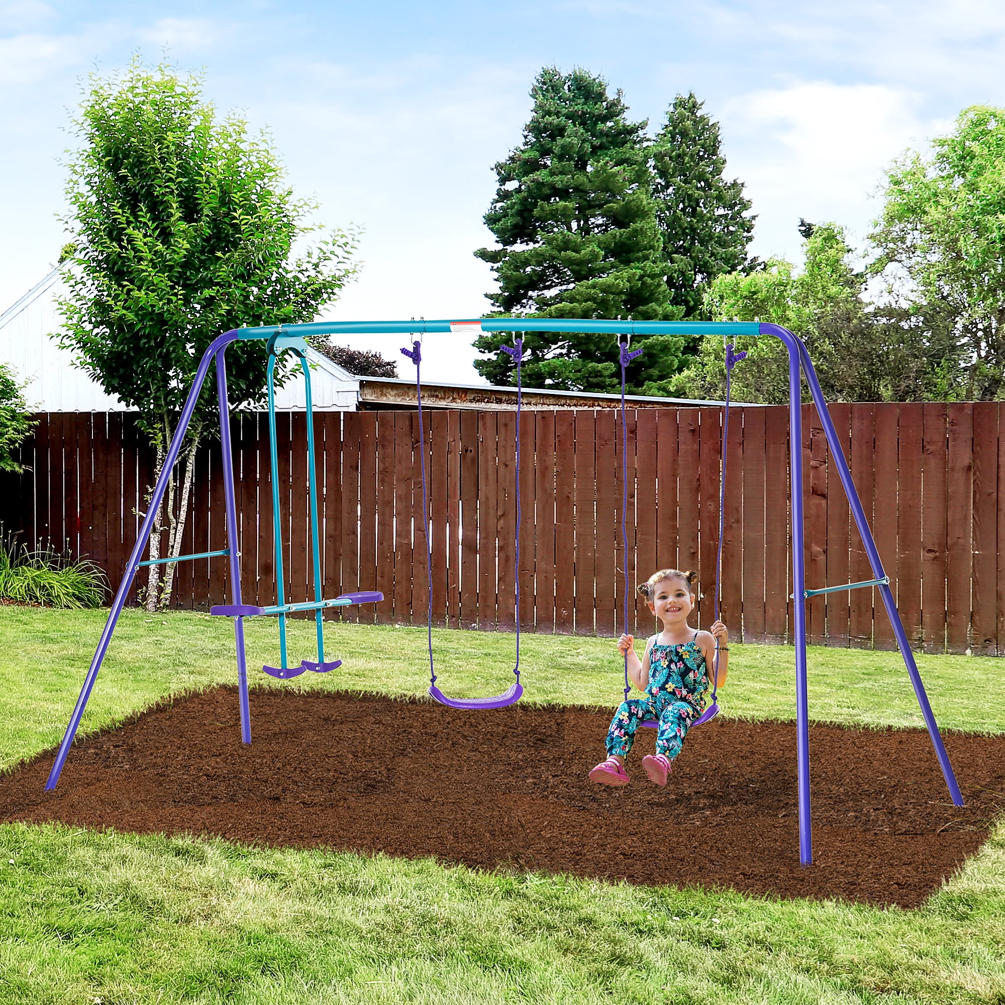 Outsunny Kids Playground Metal Swing Set with Adjustable Seats for ...
