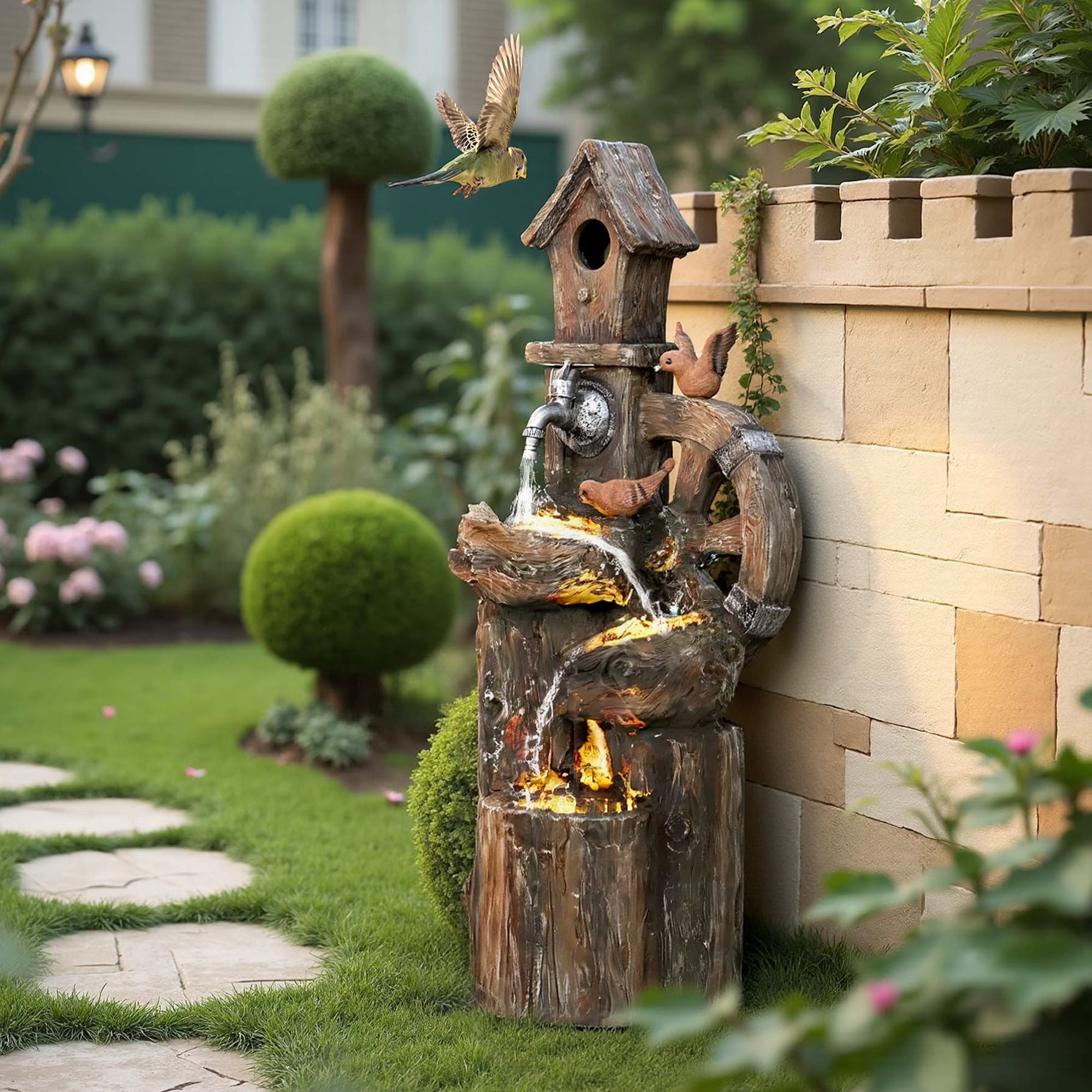 Outsunny 2-in-1 Outdoor Water Fountain with Birdhouse, Outdoor ...