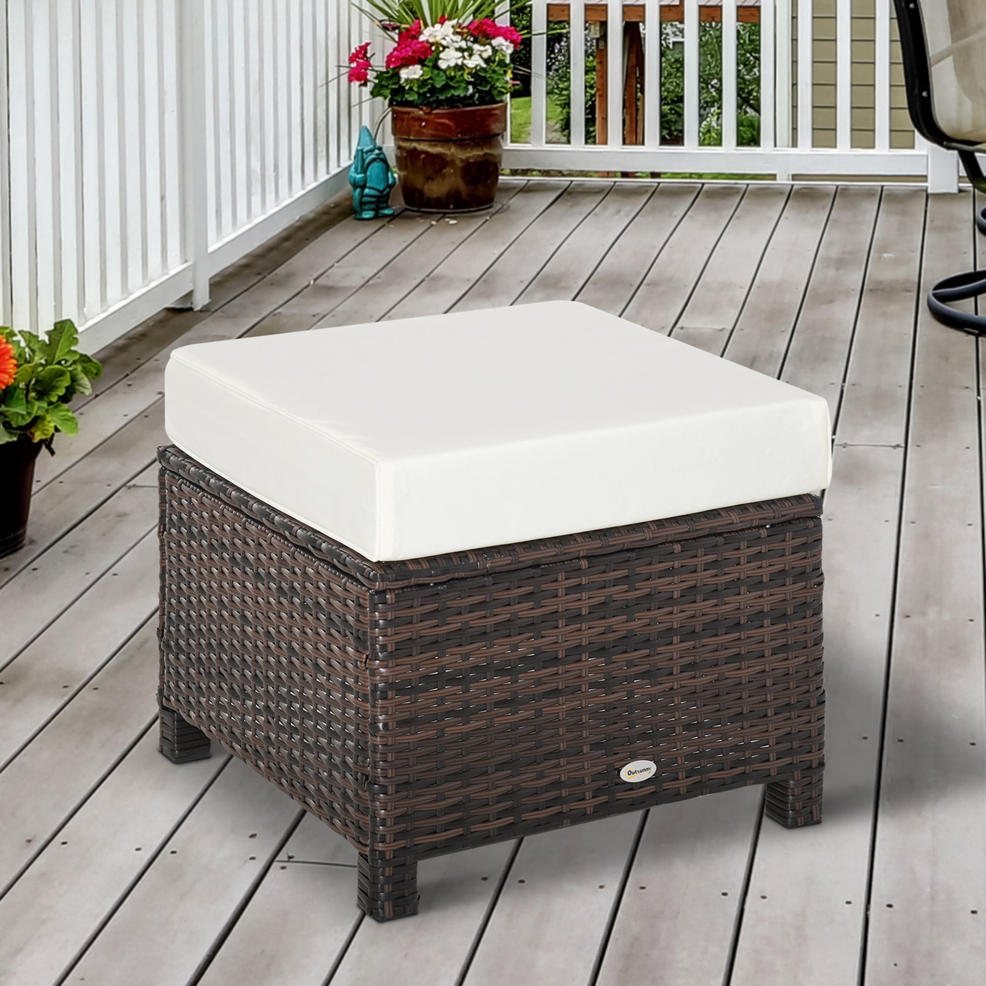 Outsunny 20" Patio White Footstool, PE Rattan Outdoor Ottoman, Brown ...