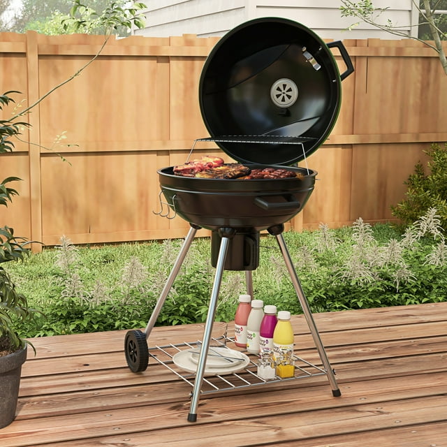 "Outsunny 21"" Kettle Charcoal BBQ Grill with Wheels for Barbeque Cooking, Green" - Walmart.com
