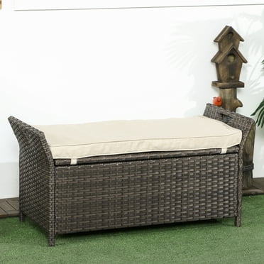 Outsunny Wicker Storage Bench Deck Box, Cushioned, Waterproof, White ...