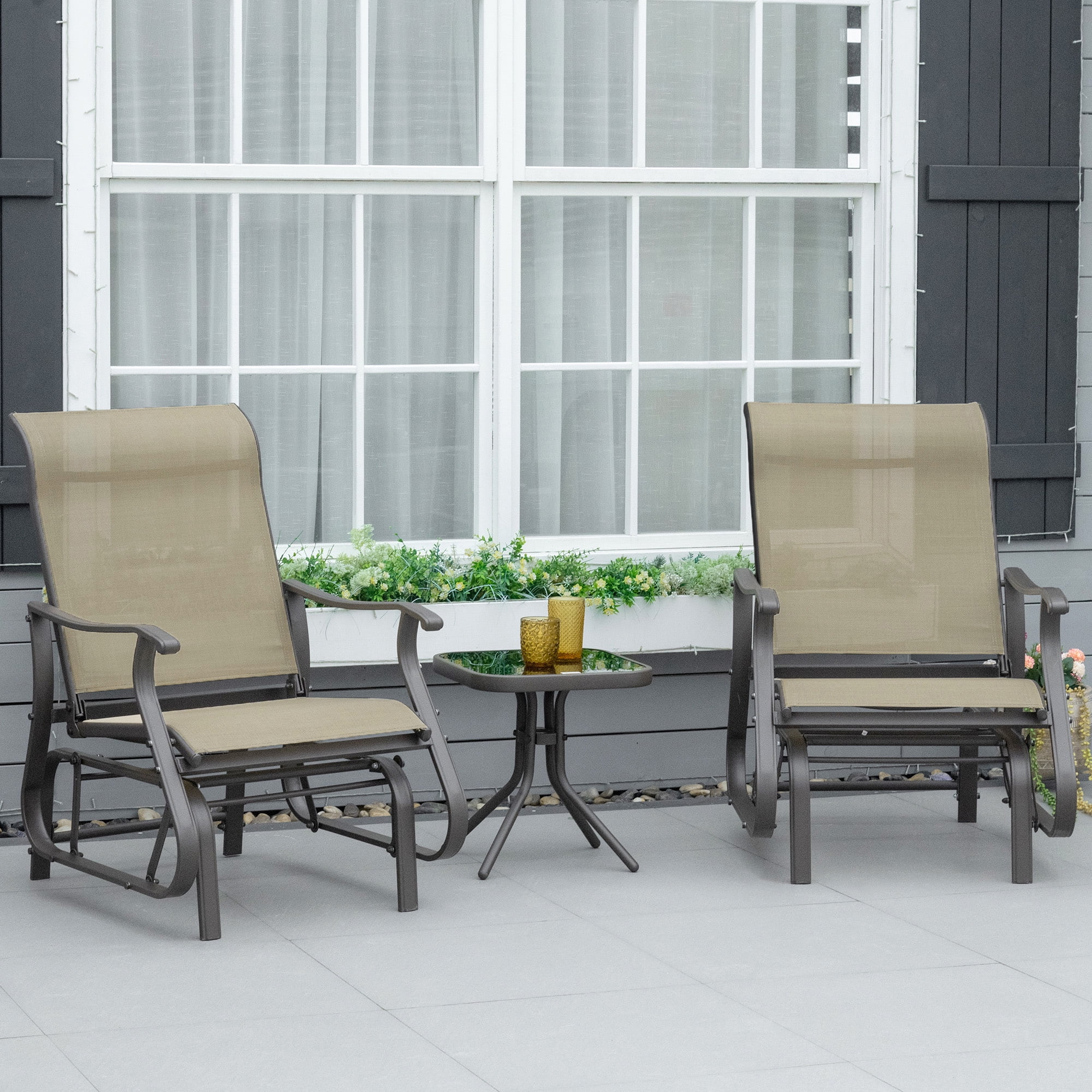 Outsunny 3-Piece Outdoor Gliders Set, Steel Frame, Glass Table for ...