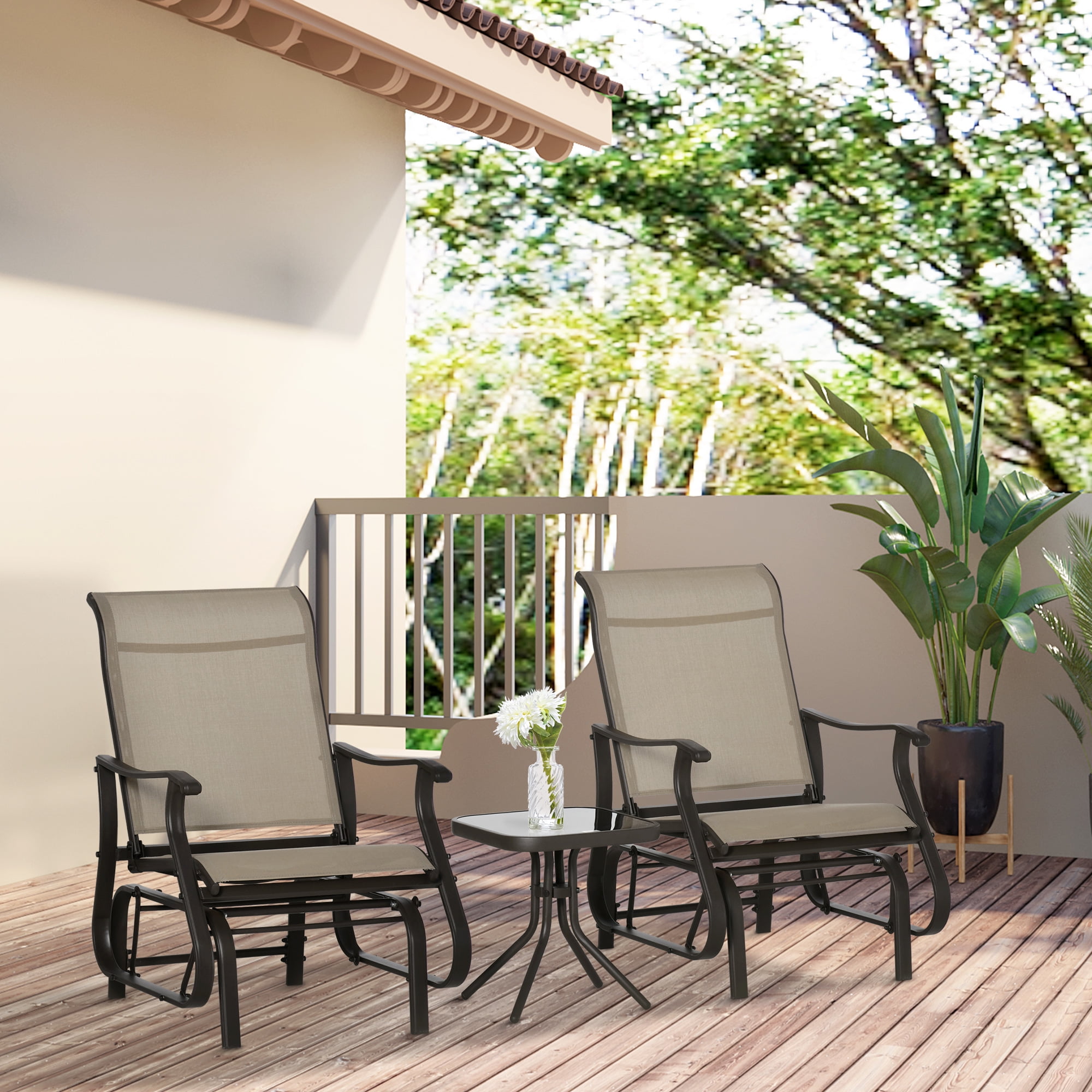 Outsunny 3-Piece Outdoor Gliders Set, Steel Frame, Glass Table for ...