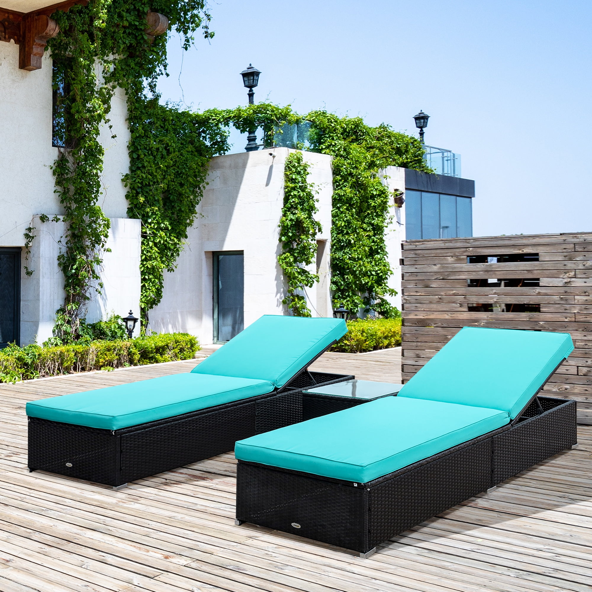 Outsunny Pool Furniture, 2 Chaise Lounge Chairs & Table, Cushioned ...