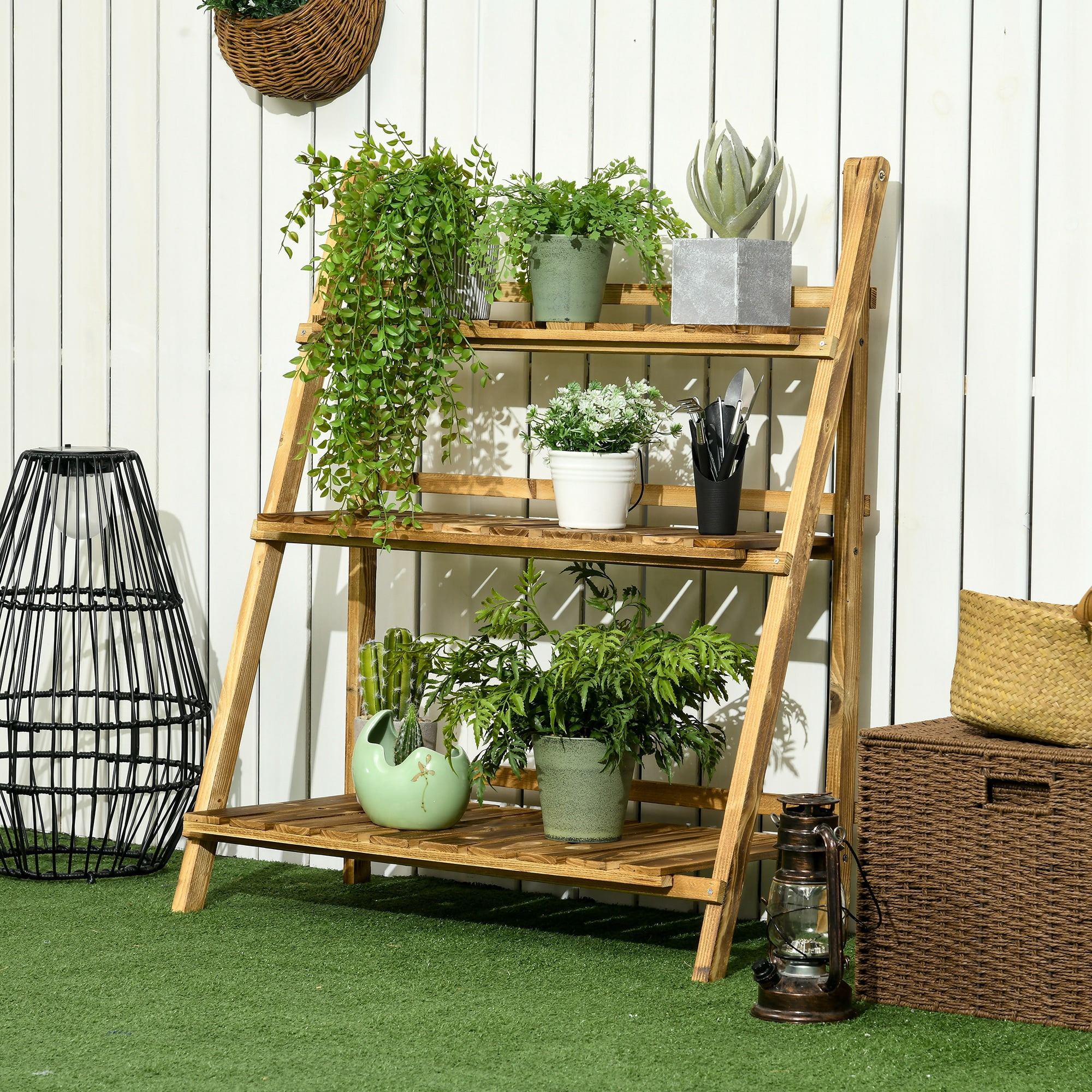 Outsunny 3-Tier Folding Plant Stand, Wooden Indoor Plant Shelf Display ...