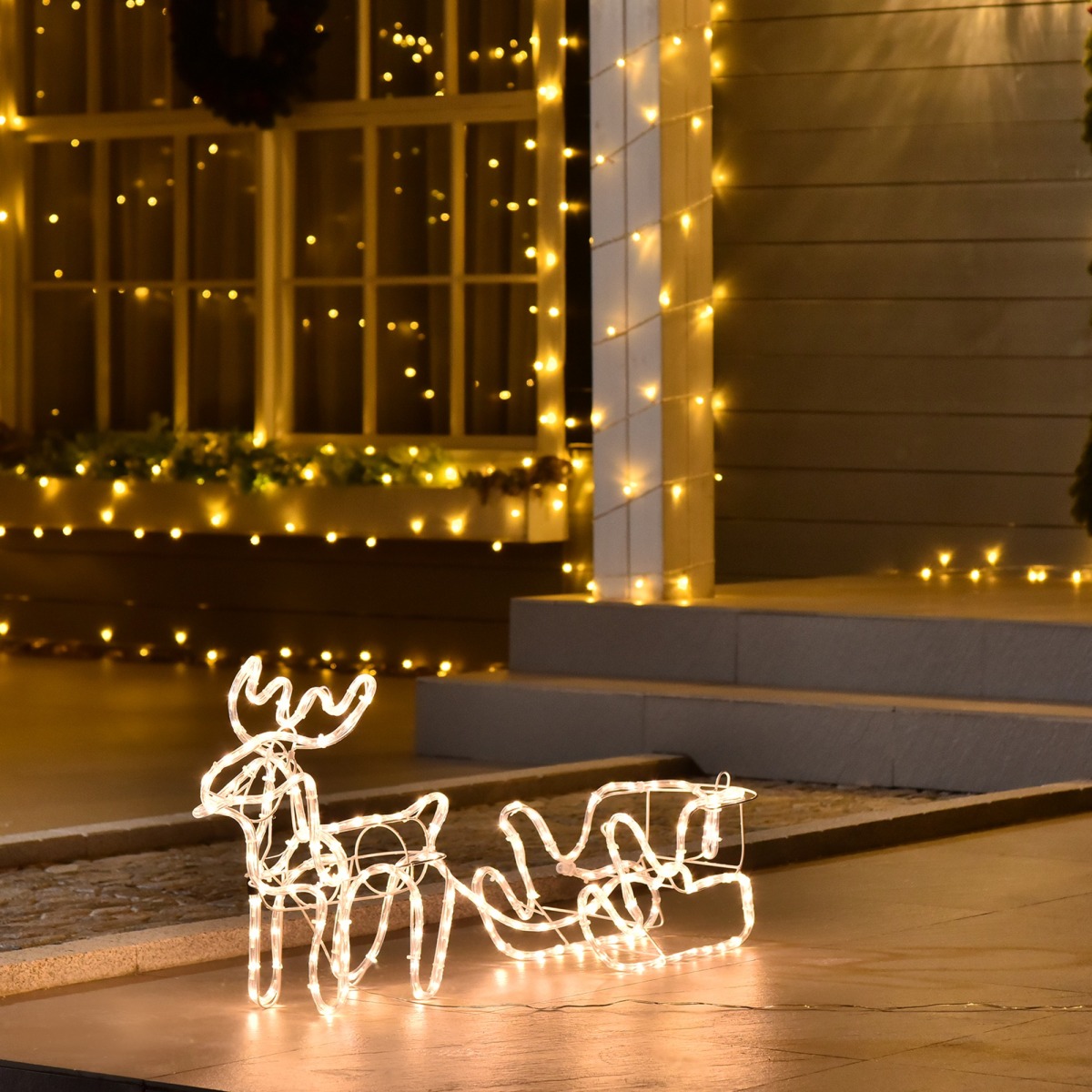 Outsunny 35" LED Reindeer Sleigh Outdoor Christmas Decoration 192 Warm ...