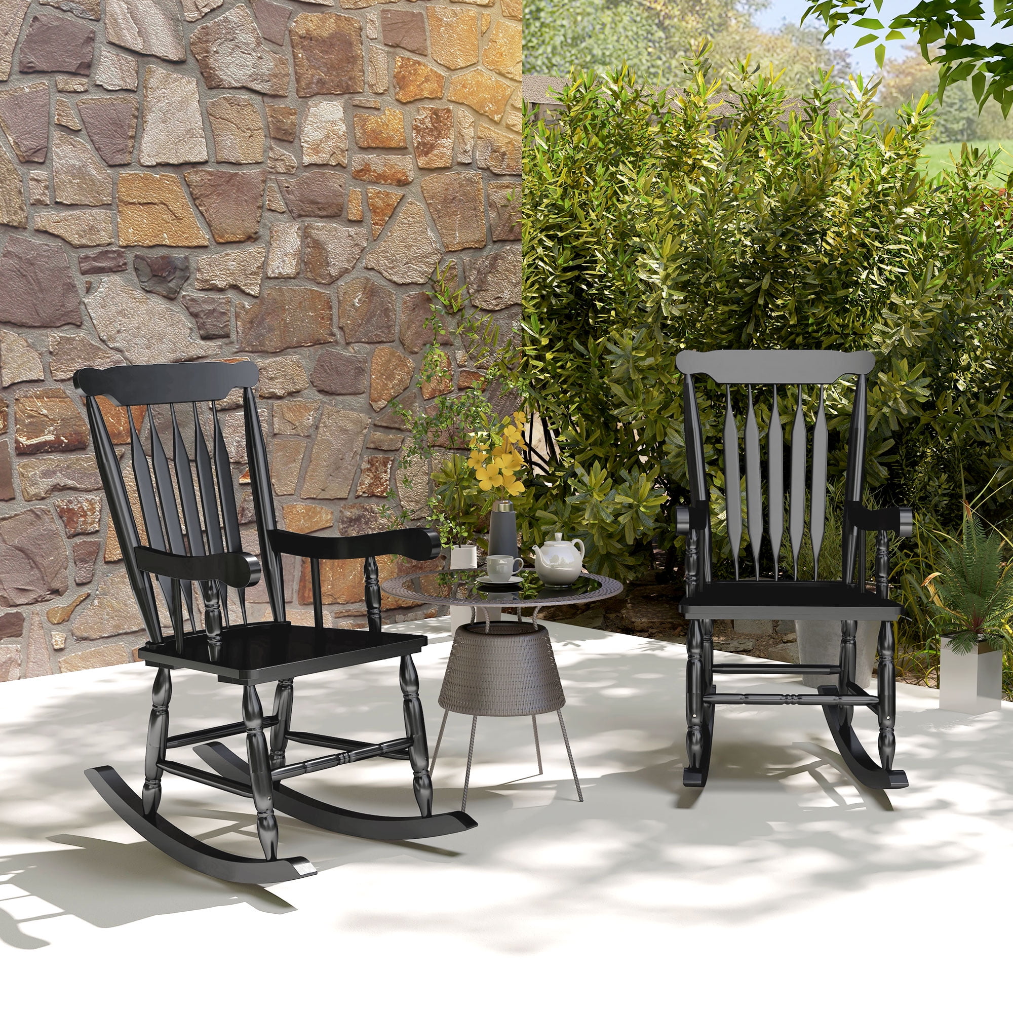 Outsunny 350 lbs Outdoor Wood Rocking Chairs Set of 2 with High Back ...