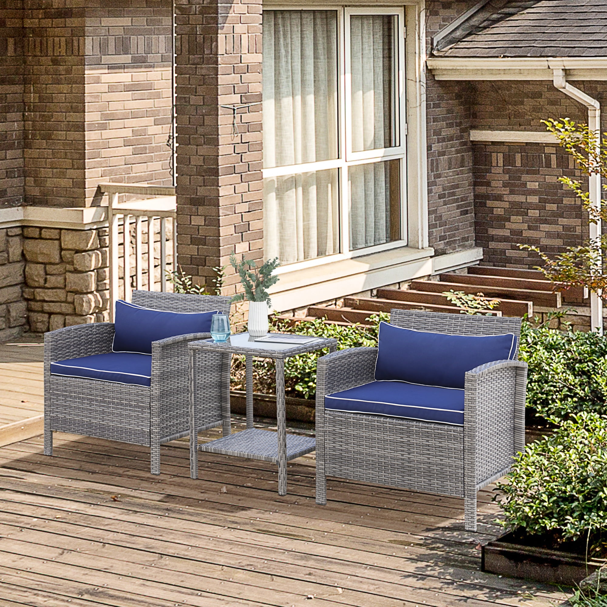Outsunny 3pc Patio Furniture Set, Cushioned Wicker Chairs & Table, Blue ...