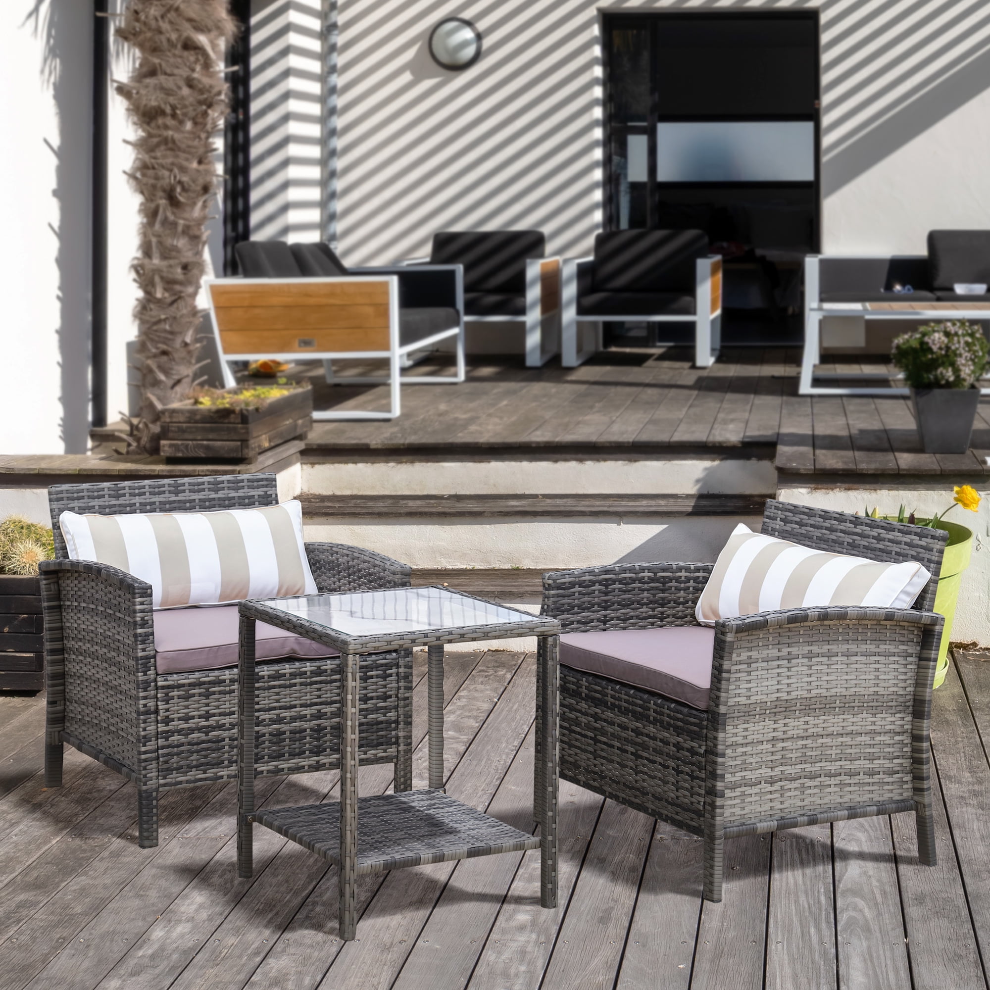 Outsunny 3pc All-Weather Wicker Patio Furniture Set with Cushioned ...