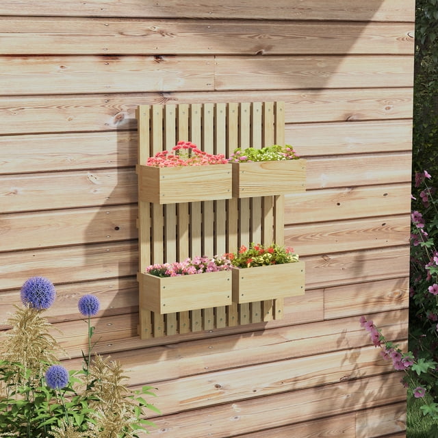 Outsunny 4 Box Raised Garden Bed w/ Trellis, Drain Holes, Adjustable ...