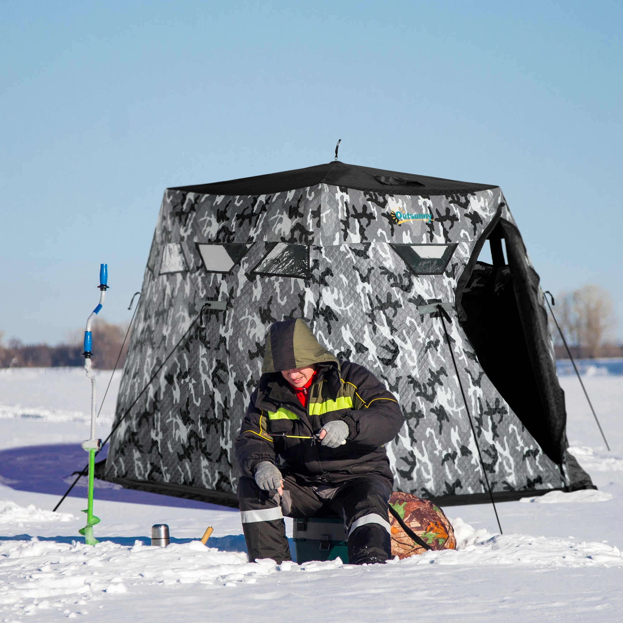 Outsunny Insulated Pop Up Ice Fishing Tent, 4 Man, Camouflage, 360 ...