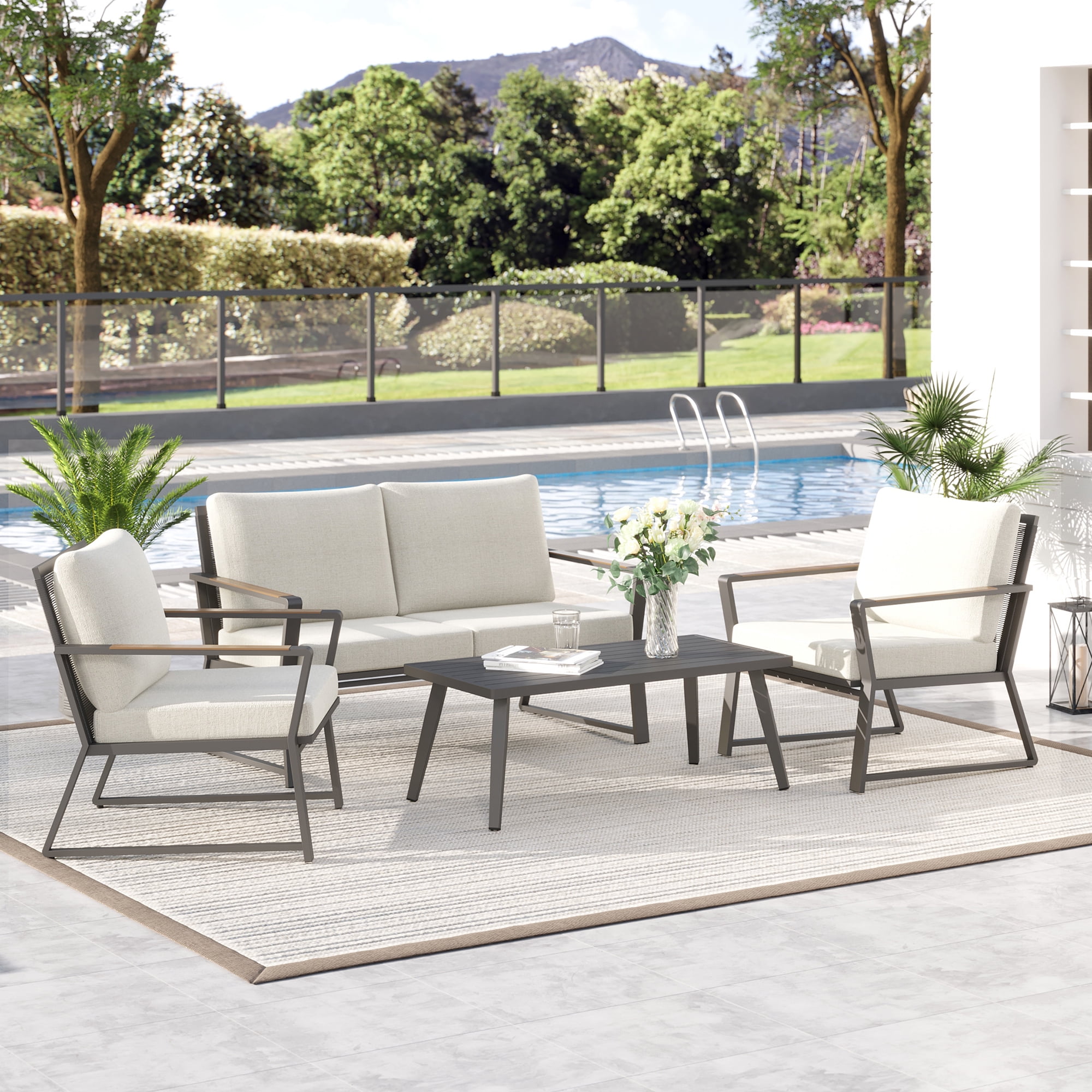 Outsunny 4pc Modern Patio Set, Aluminum Conversation Set with Armchairs ...