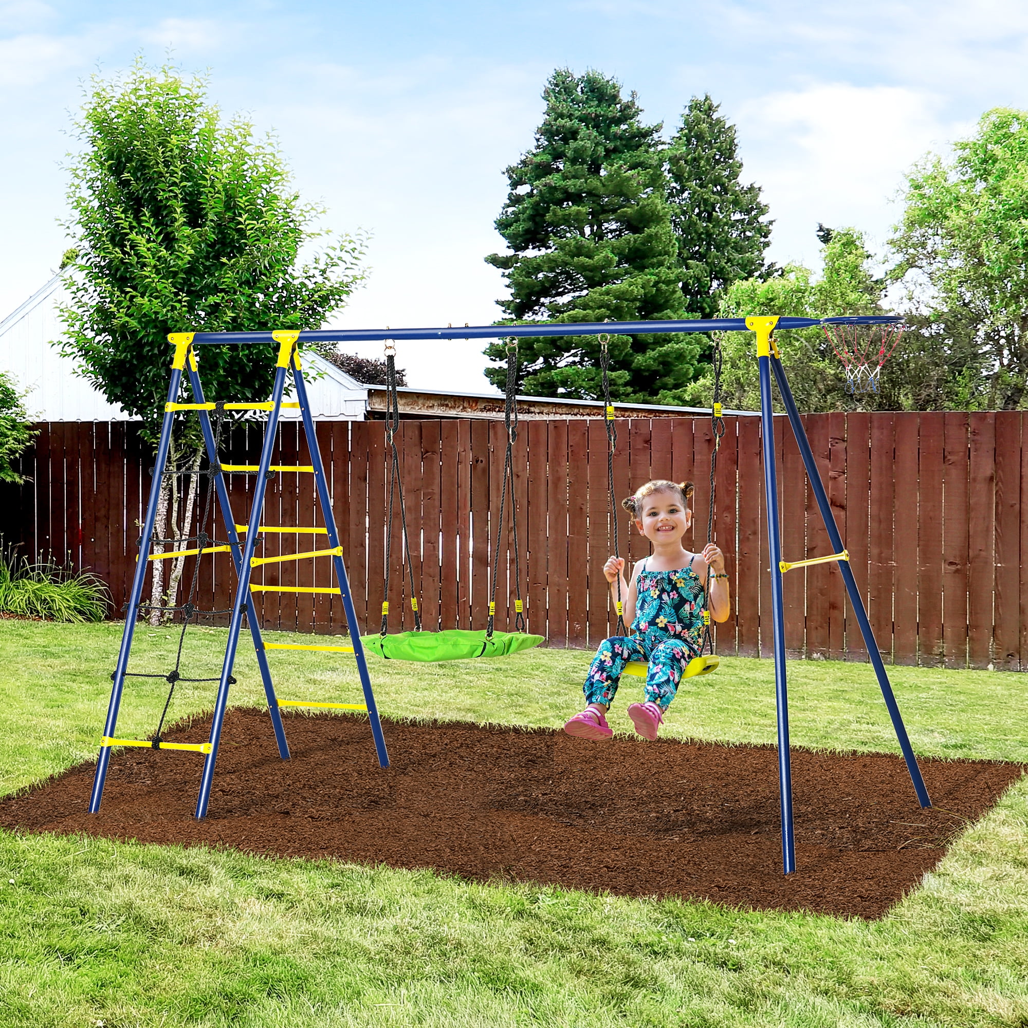Outsunny 4-in-1 Outdoor Playground Playset: Metal Kids Swing Set for ...