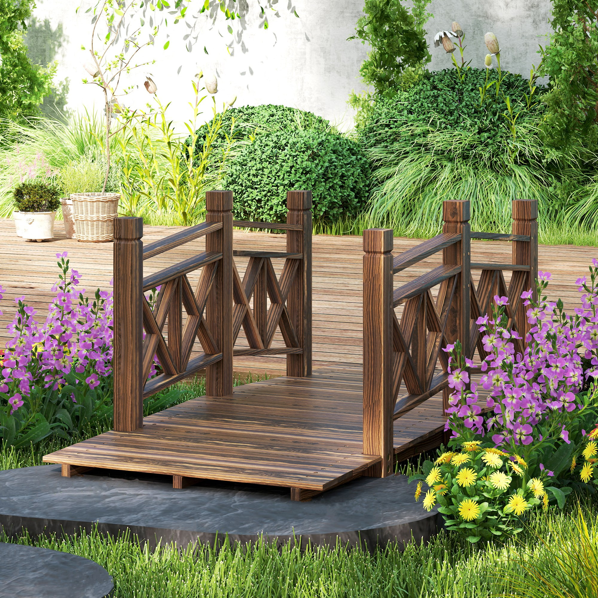 Outsunny 5 ft. Garden Bridge with Safety Rails, Wooden Outdoor Bridge ...