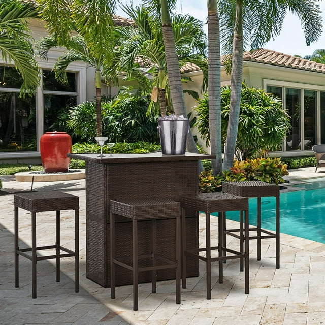 Outsunny 5 Pcs Outdoor Rattan Wicker Bar Set with Glass Top Table ...