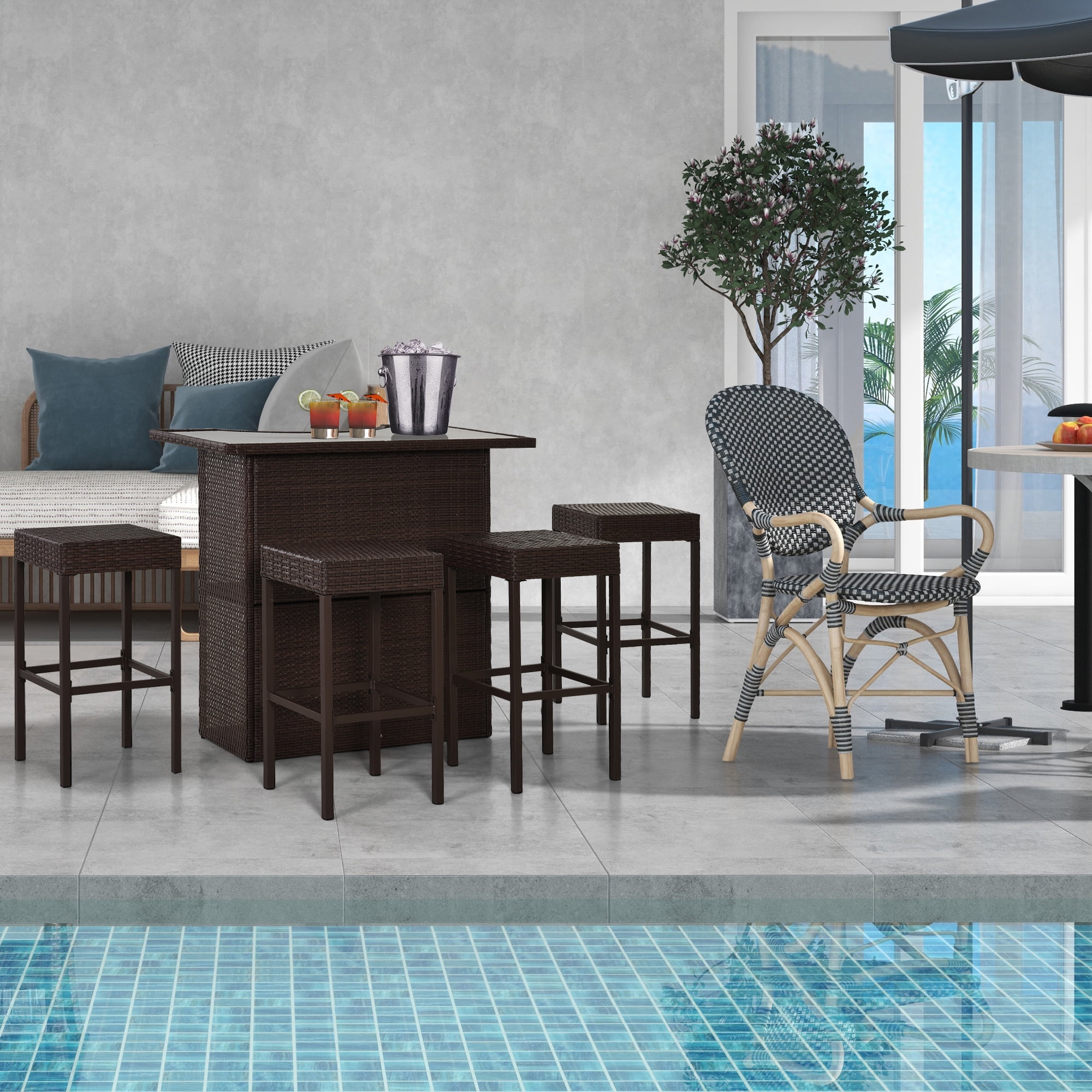 Outsunny 5 Pcs Outdoor Rattan Wicker Bar Set with Glass Top Table ...