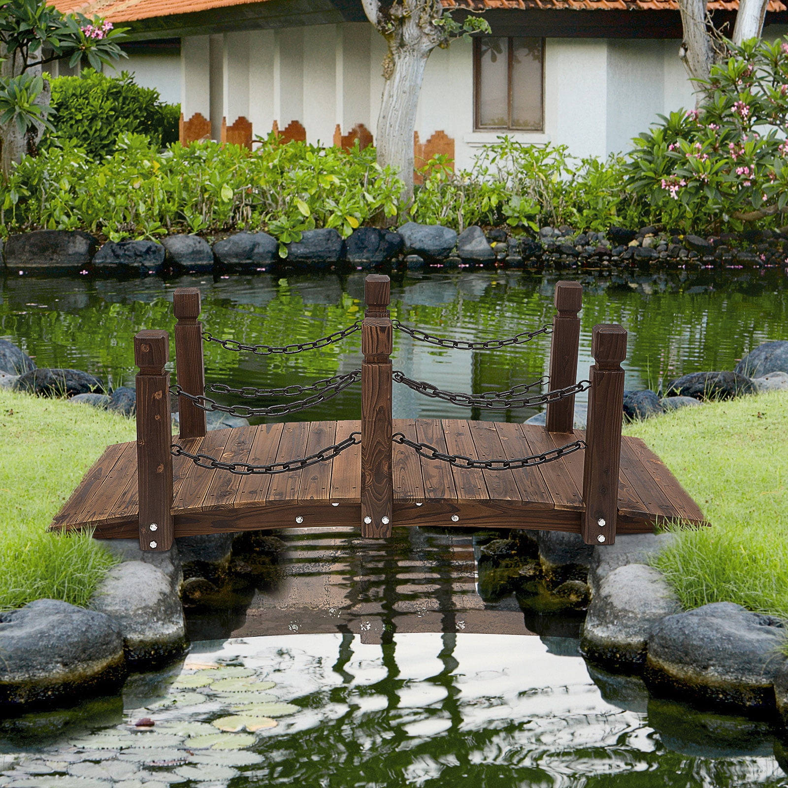 Outsunny 5ft Solid Fir Wood Outdoor Garden Bridge with Metal Chain ...