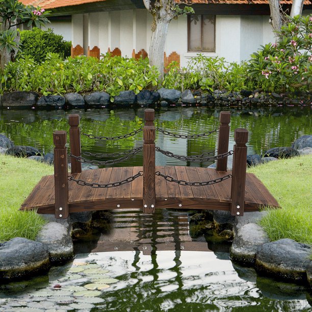 Outsunny 5 ft Wooden Garden Bridge Arc Footbridge with Metal Chain ...