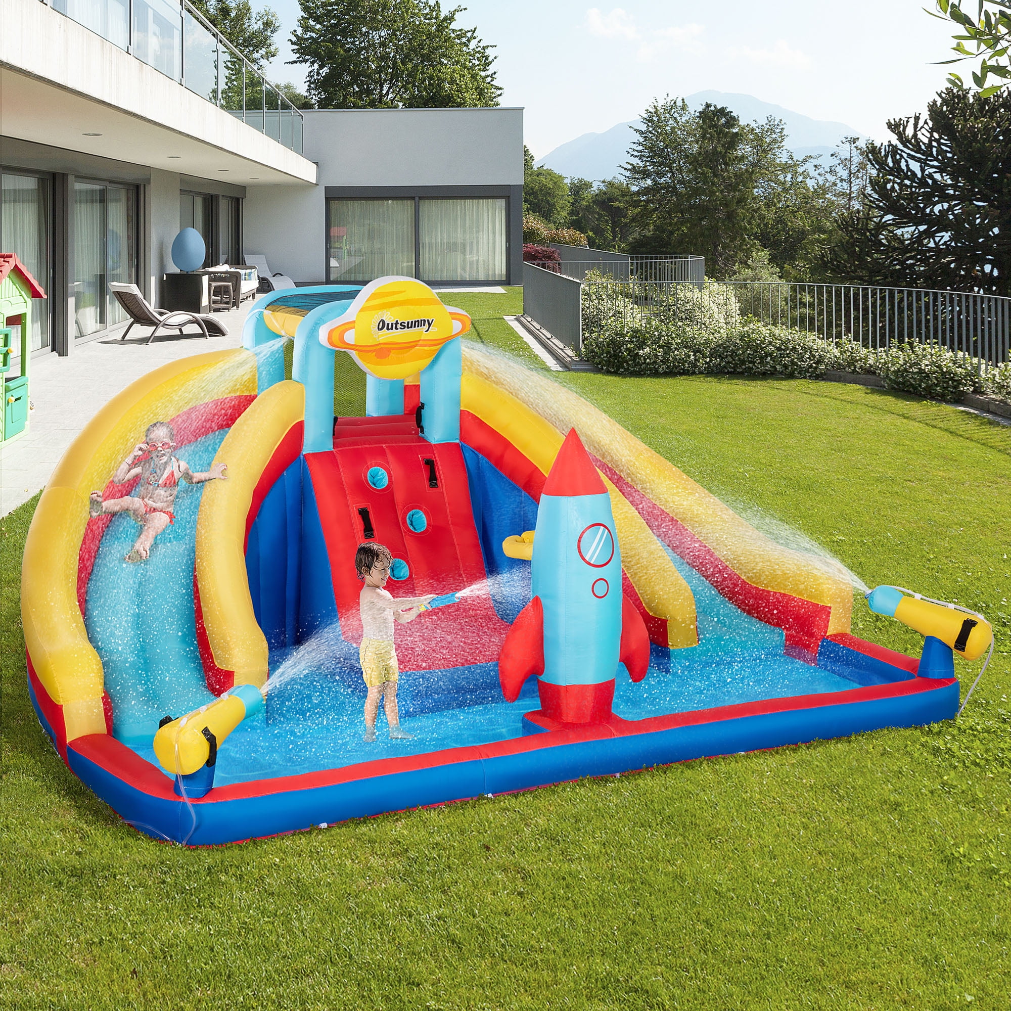 Outsunny 5-in-1 Inflatable Bouncer Water Slide, Big Rocket Themed ...