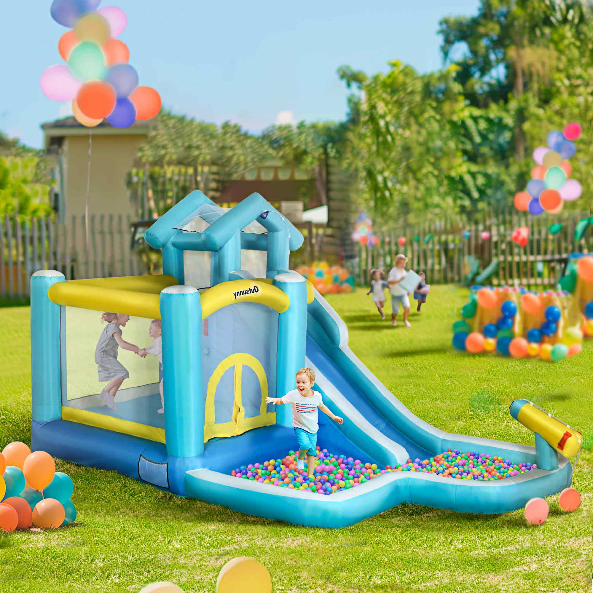 Outsunny 5-in-1 Kids Bounce House with Slide, Climbing Wall, Trampoline ...