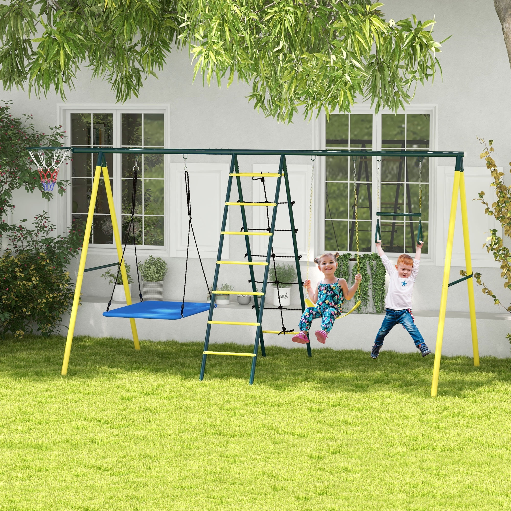 Outsunny 5-in-1 Metal Swing Set with Nest Swing, Basketball Hoop, Gym ...