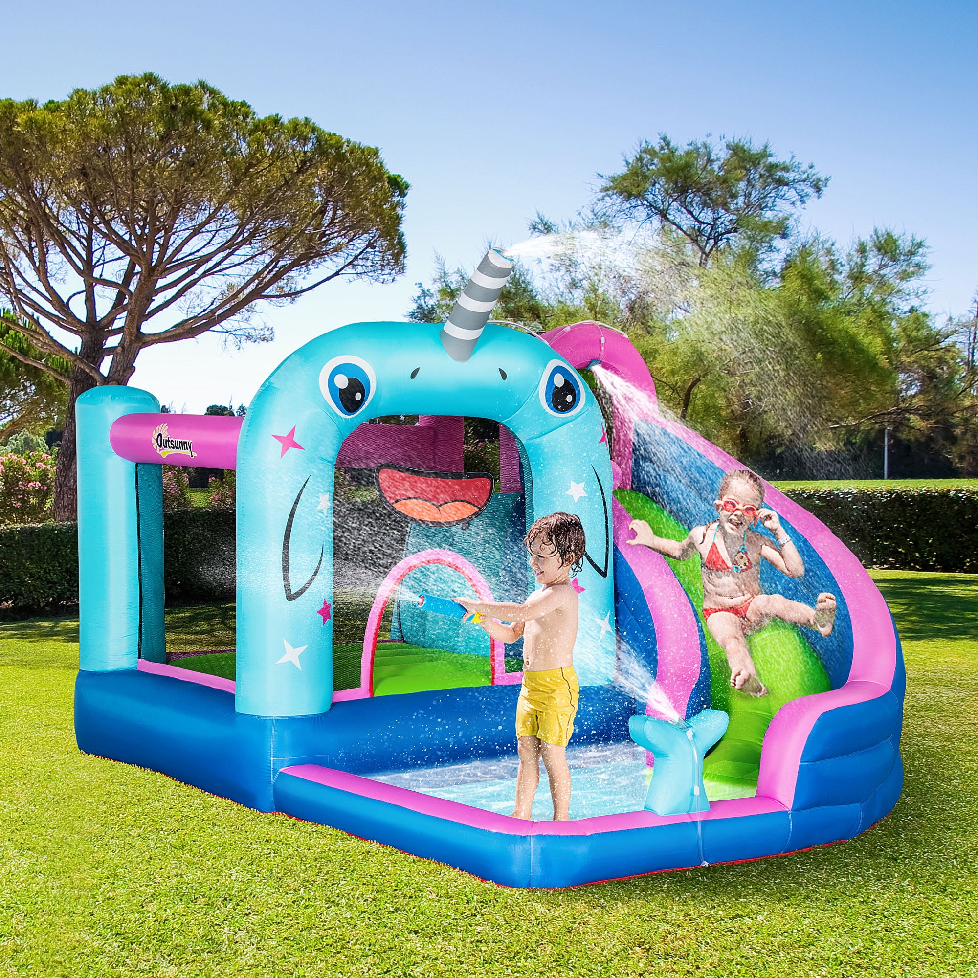 Outsunny 5-in-1 Water Slide Kids Inflatable Bounce House Narwhals Theme ...