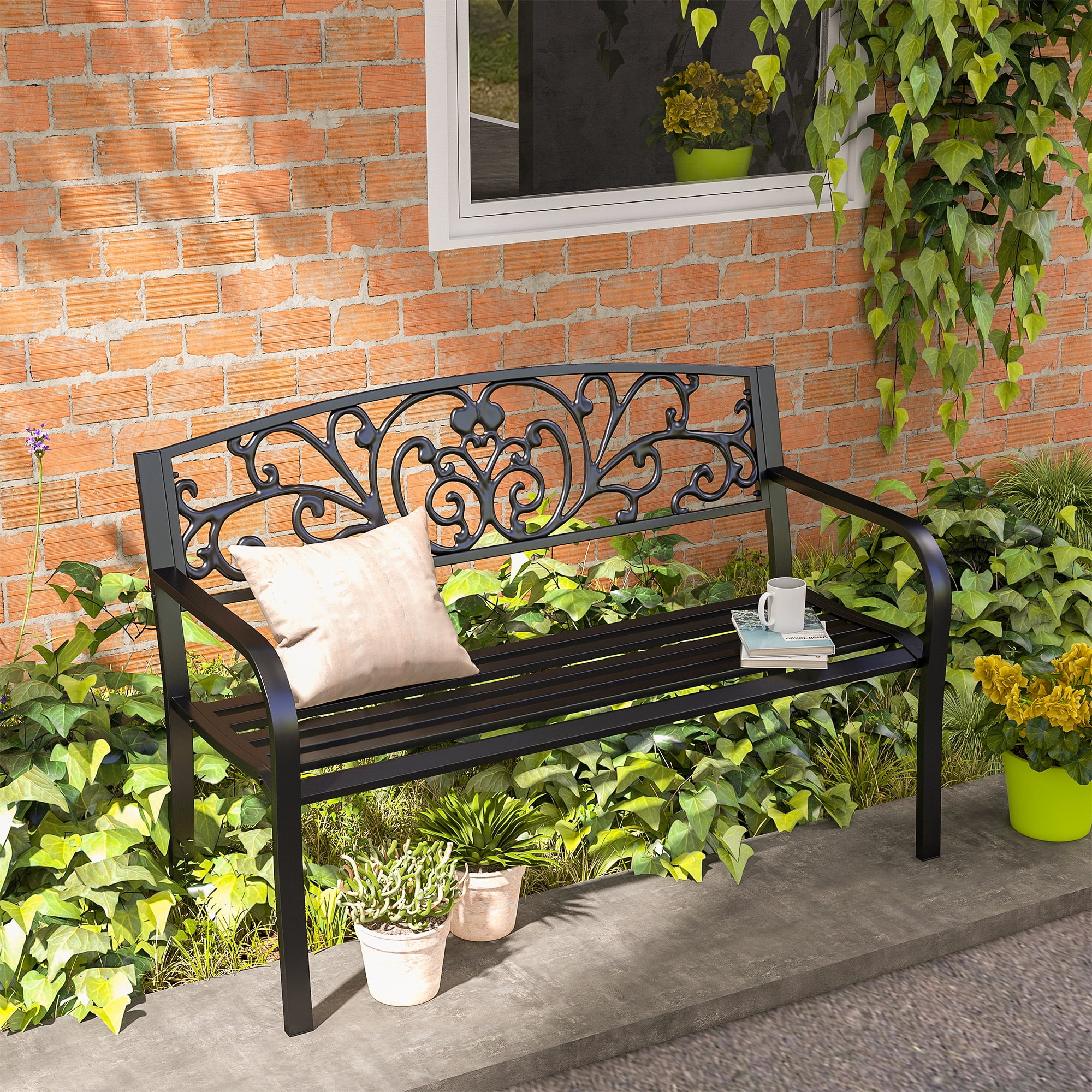 Outsunny Patio Furniture, 50" Steel Garden Bench, 2-Seat, Black ...