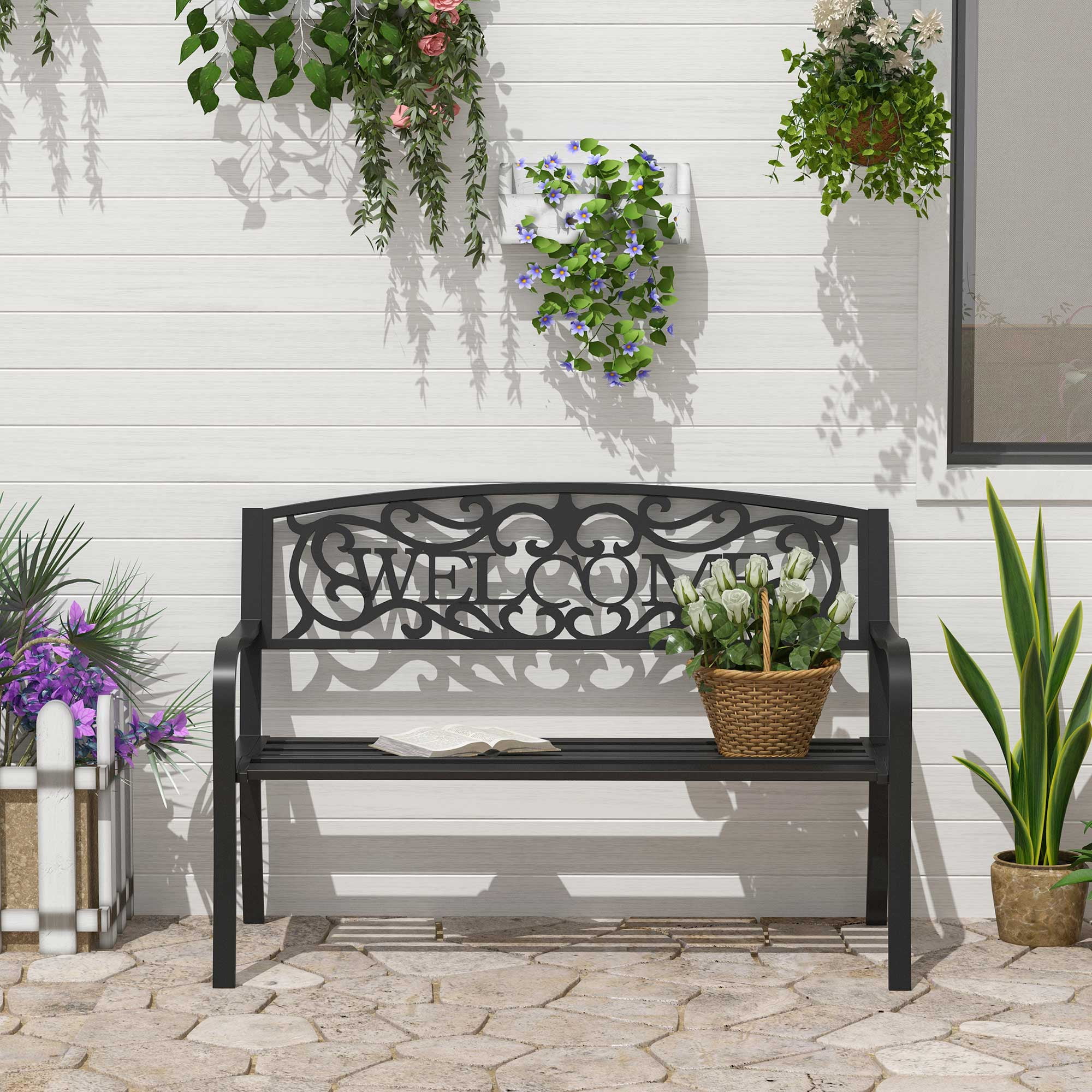 Outsunny, Outdoor Metal Welcome Bench, 50" Steel Frame, Black - Walmart.com