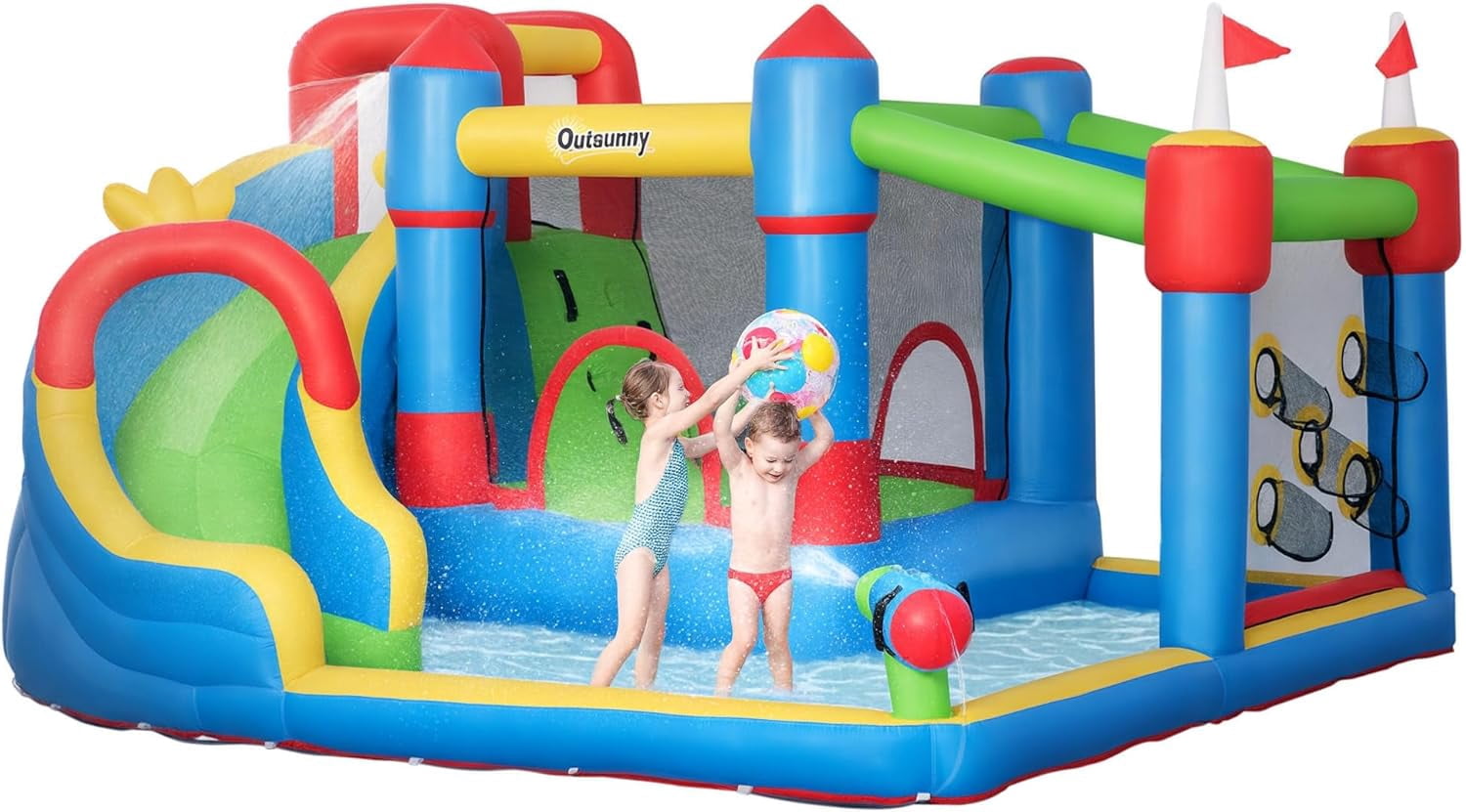 Outsunny 6-in-1 Inflatable Bounce House with Slide, Climbing Wall ...