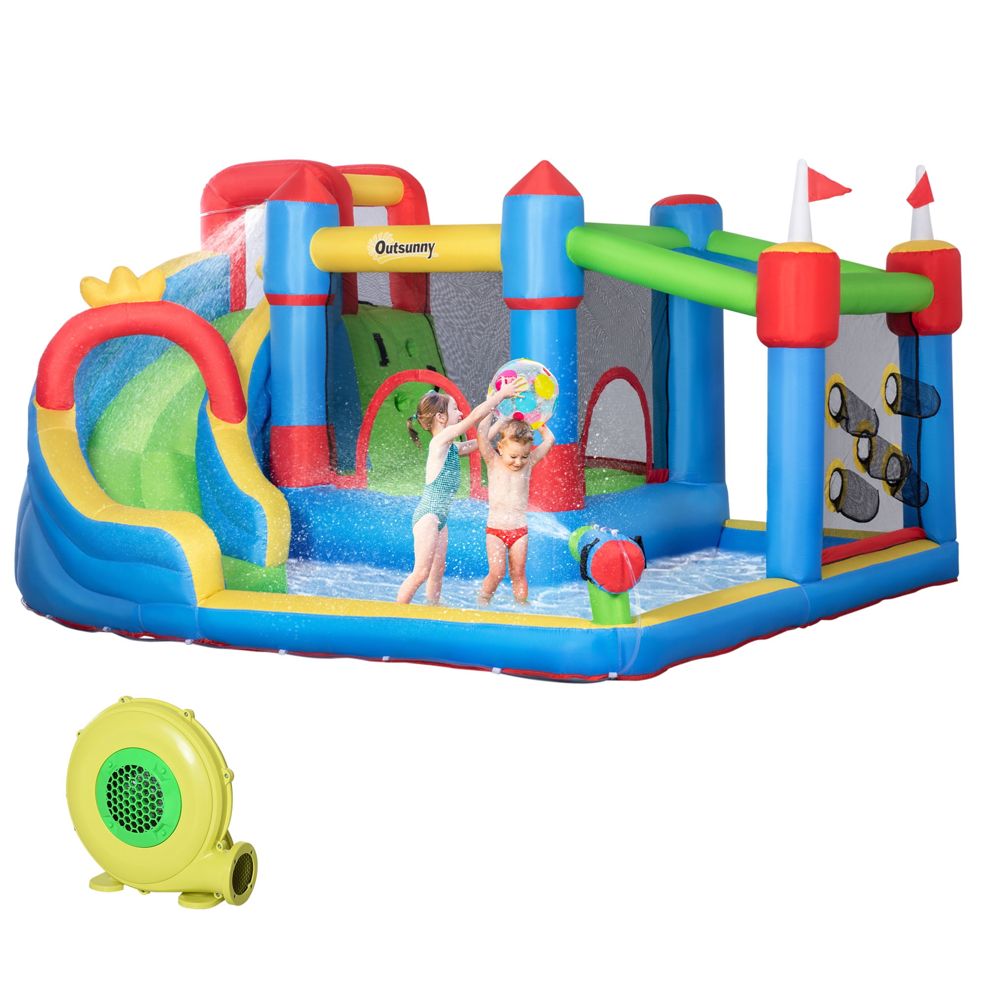 Outsunny 6-in-1 Inflatable Bounce House with Slide, Climbing Wall ...