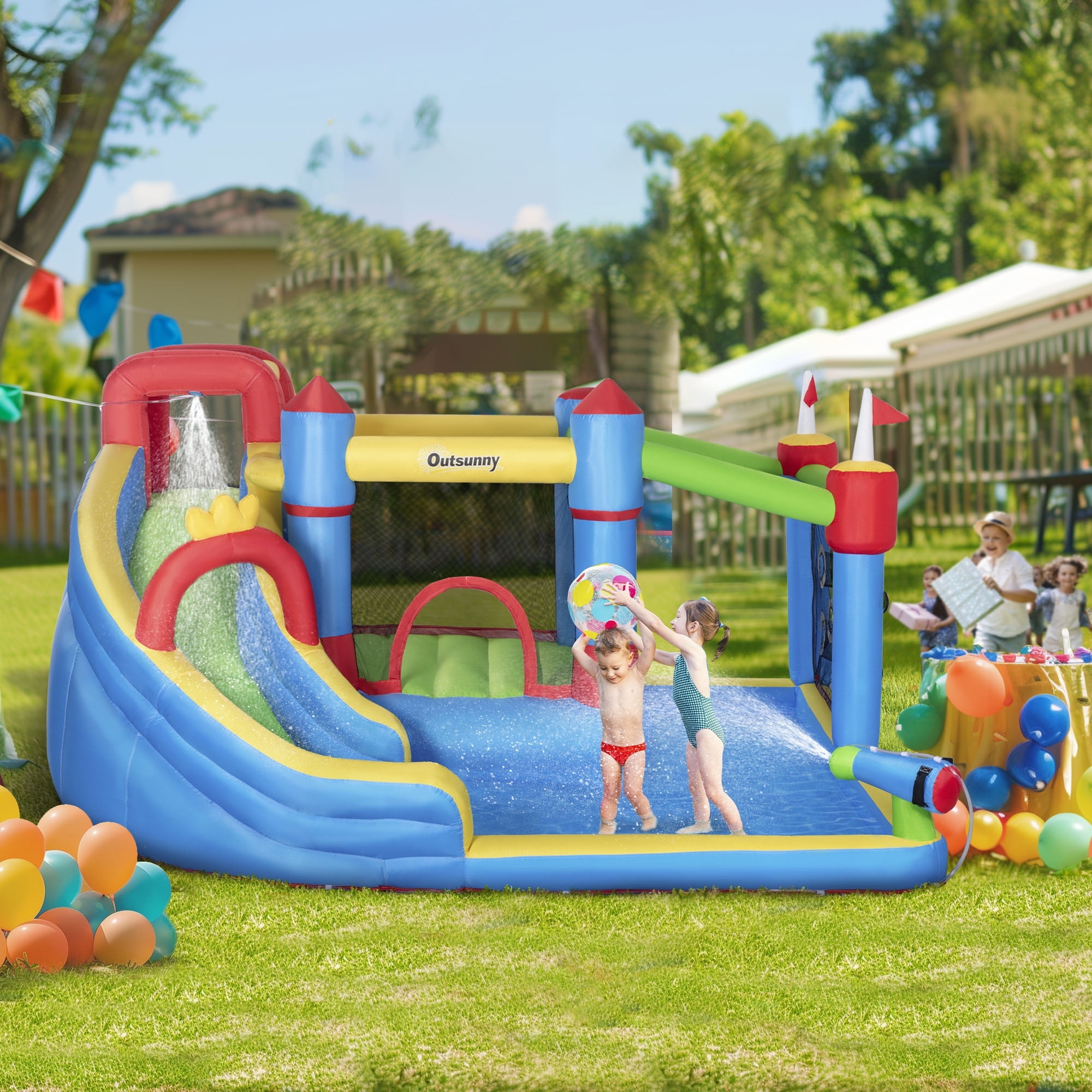 Outsunny 6-in-1 Bouncy Water Slide Castle Park with Climbing Wall ...