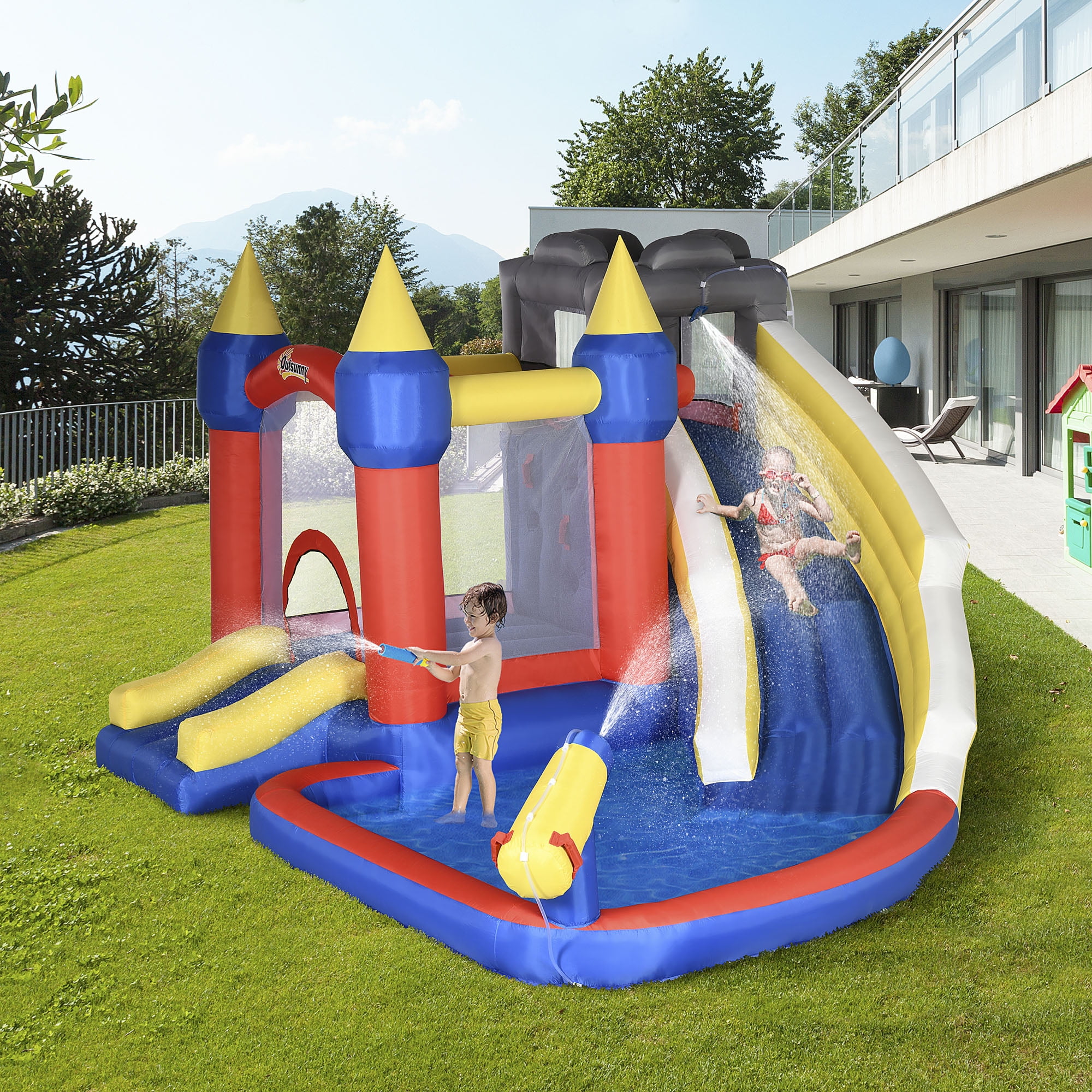 Outsunny 6-in-1 Inflatable Kids Castle: Water Slide, Trampoline, Hoop ...