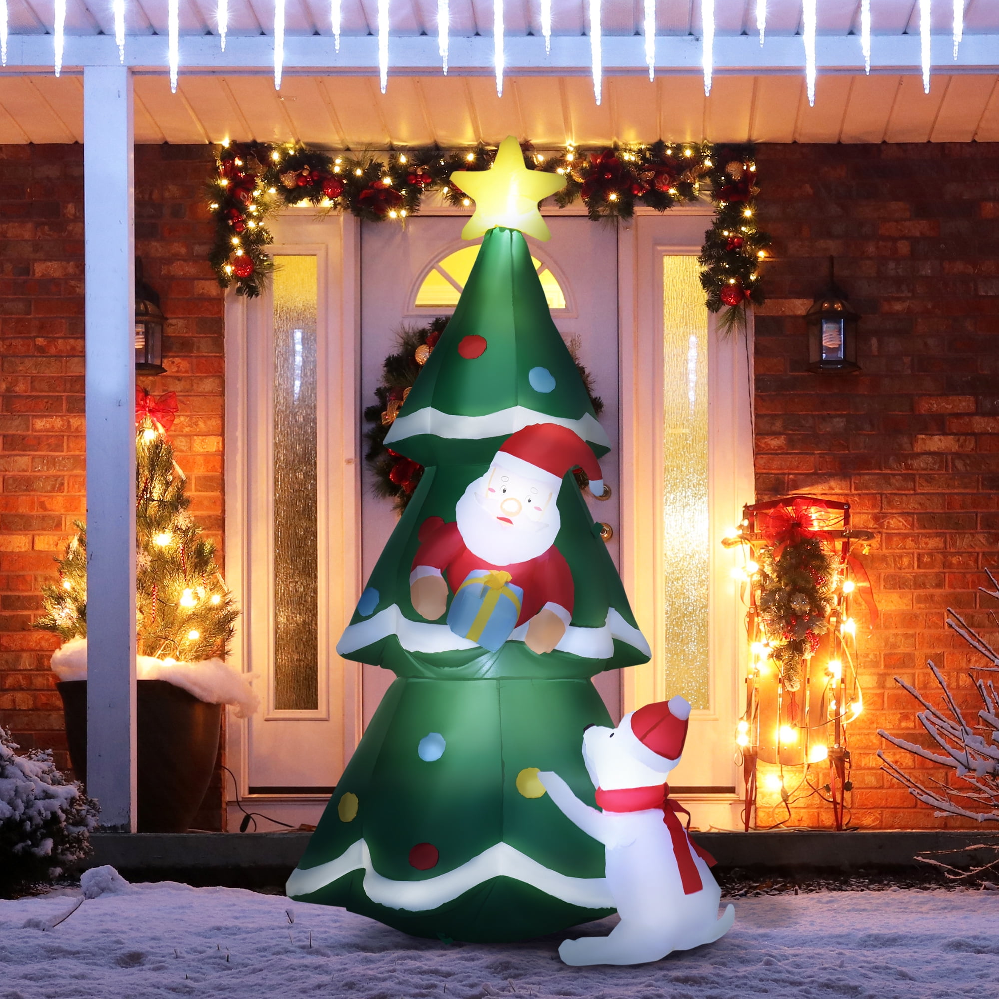 Outsunny 6ft XMAS Blow-Up Decor: Inflatable Tree with Santa & White Dog, LED Yard Decor ...