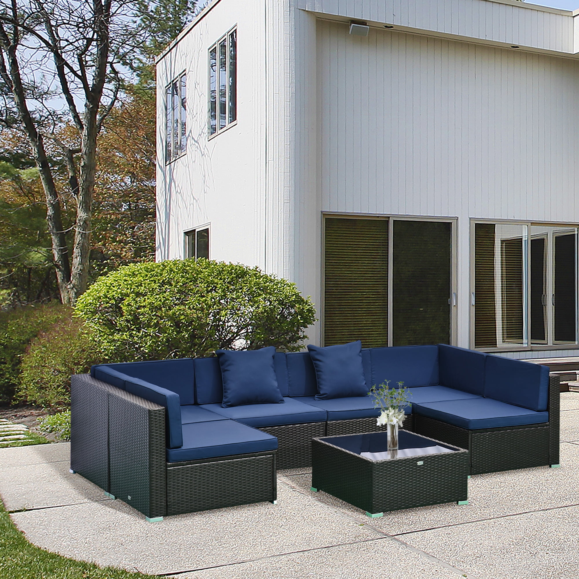 Outsunny 7pc Rattan Set: Comfortable Blue Wicker Patio Furniture for ...